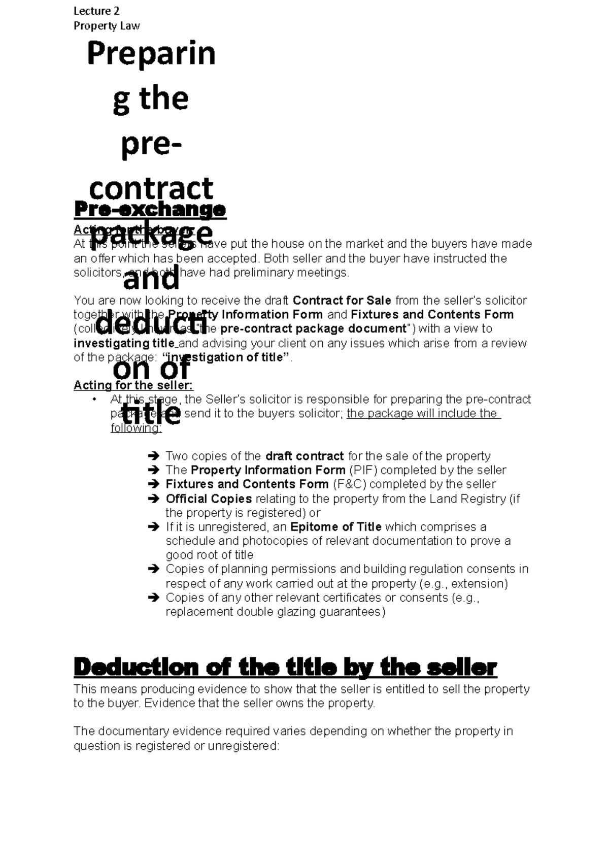 Pre-contract package and deduction of title- lecture 2 - Property Law ...