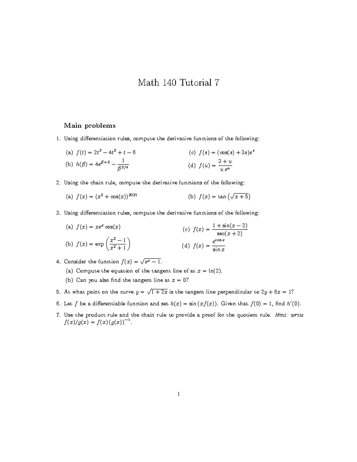 Math140tut7 - tutorial 7 - Math 140 Tutorial 7 Main problems Using ...