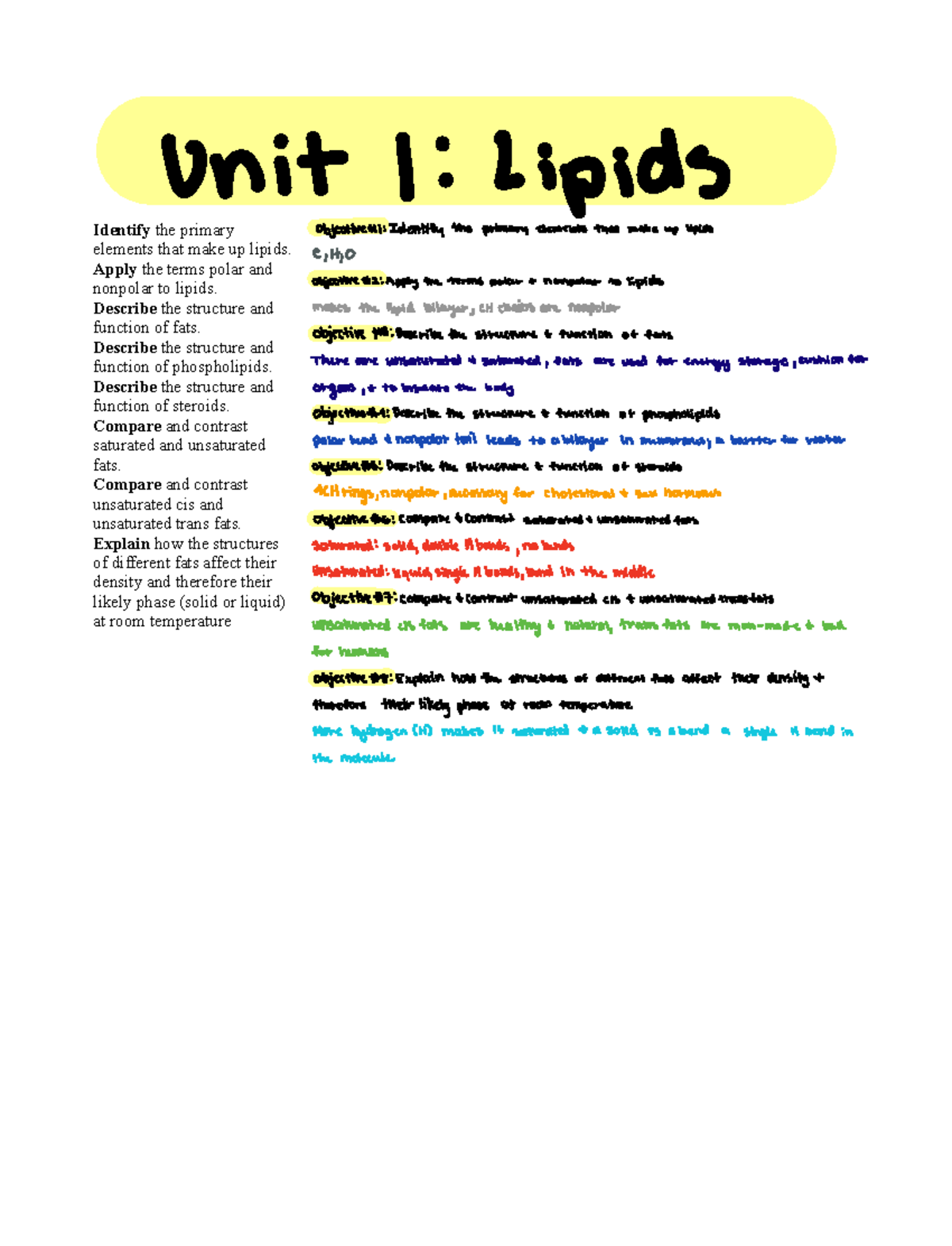 Unit 1 Lipids Study Guide - Unit 1 Lipids objective 1 ...