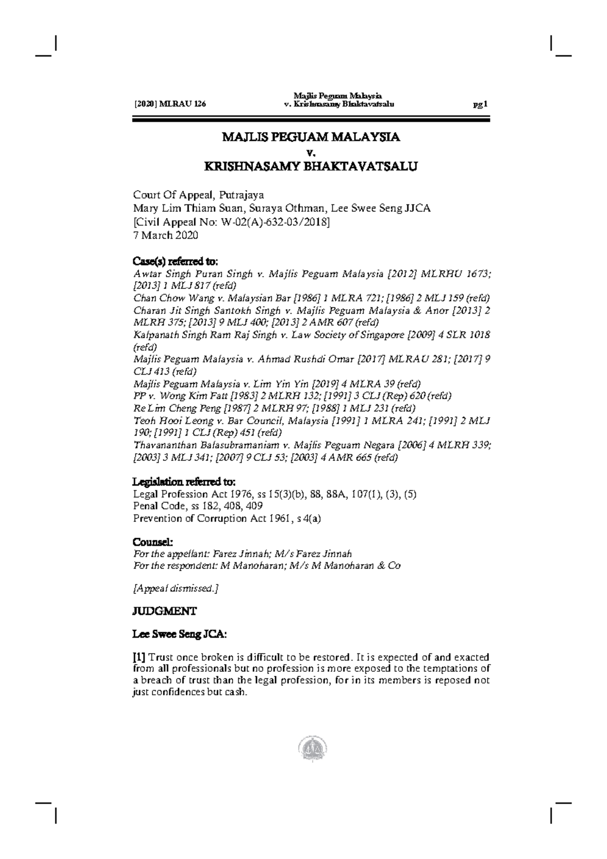 Majlis Peguam Malaysia v Krishnasamy - MAJLIS PEGUAM MALAYSIA v ...