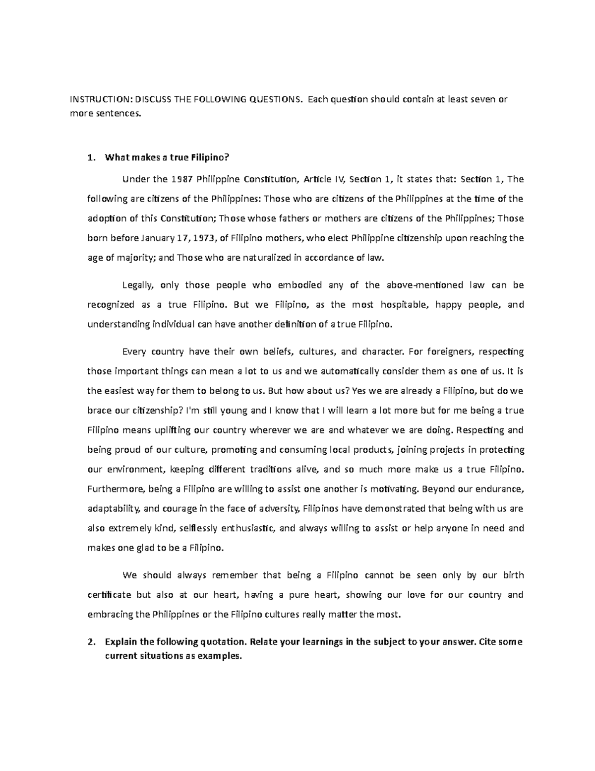 Readings in Philippine History - exam esssay - INSTRUCTION: DISCUSS THE ...