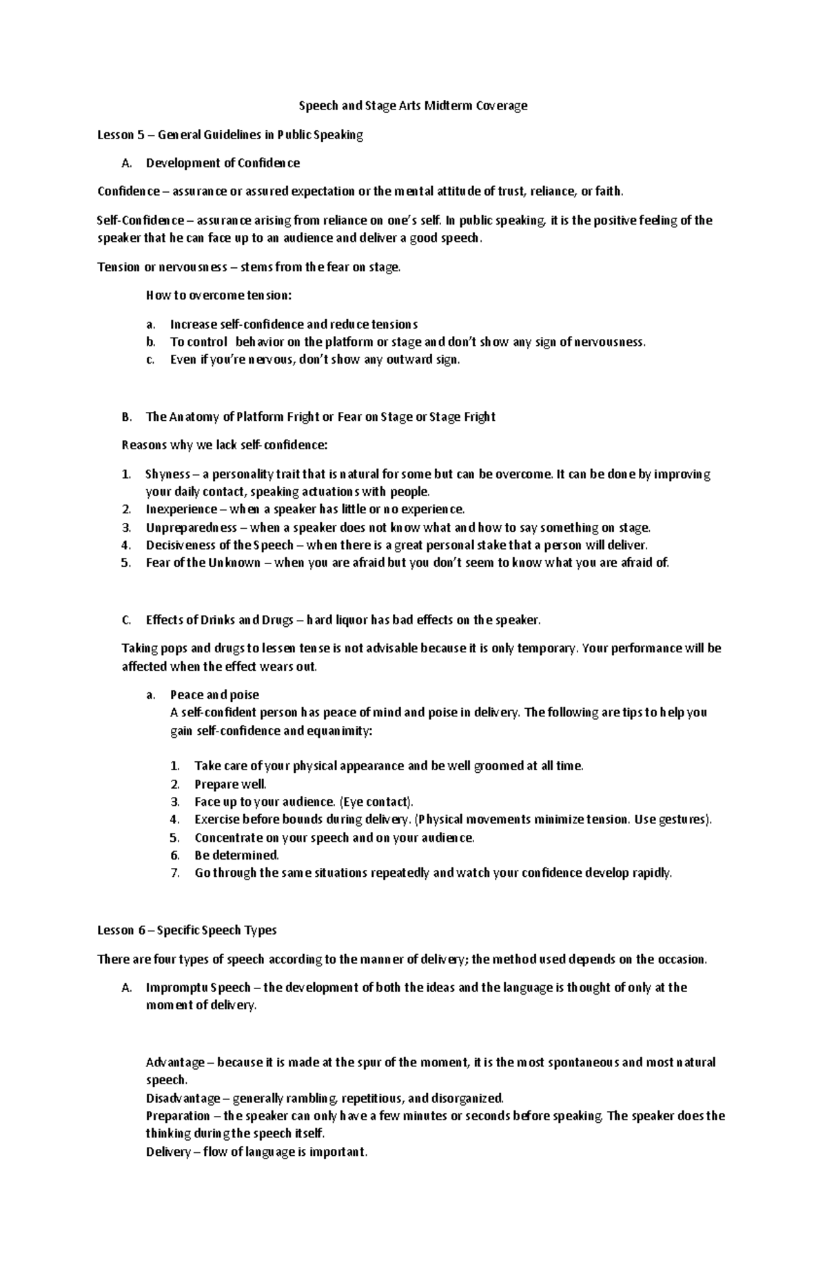 Speech and Stage Arts Midterm Coverage - Development of Confidence ...