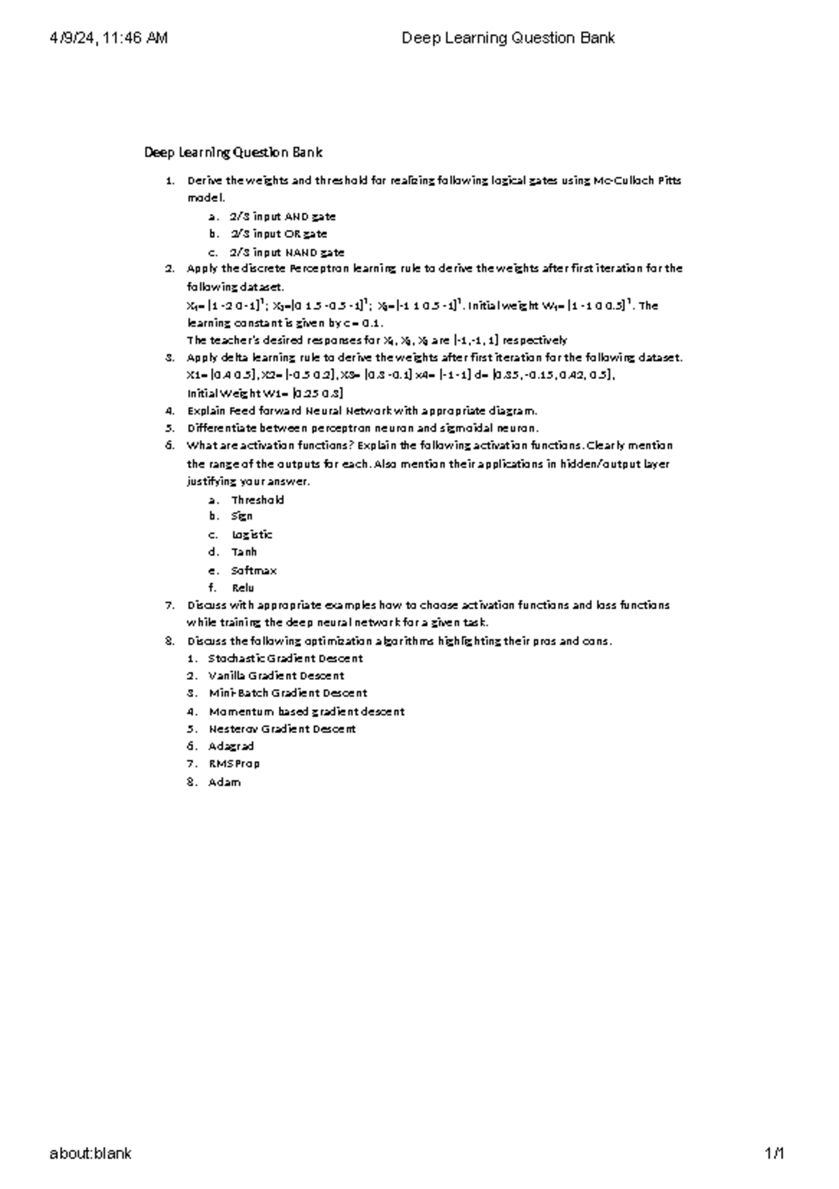 Deep Learning Question Bank 2 - 4/9/24, 11:46 AM Deep Learning Question ...
