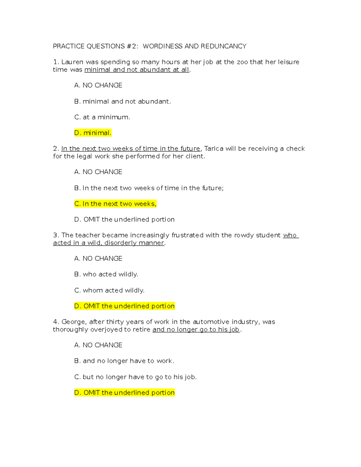PQ #2- Wordiness and Redundancy Practice Questions - PRACTICE QUESTIONS ...