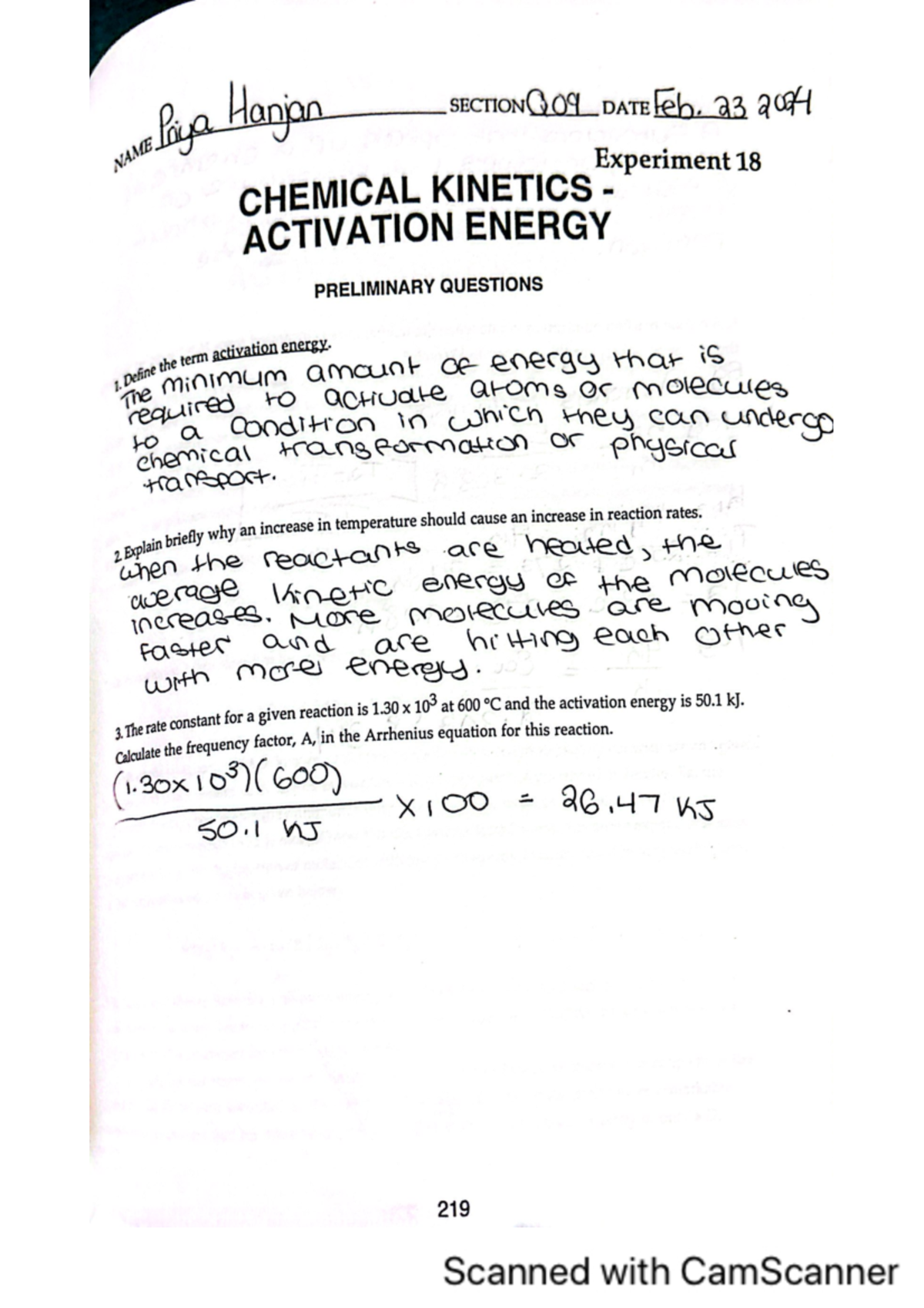Activation energy PQs - worksheet - CHE 151 - Studocu