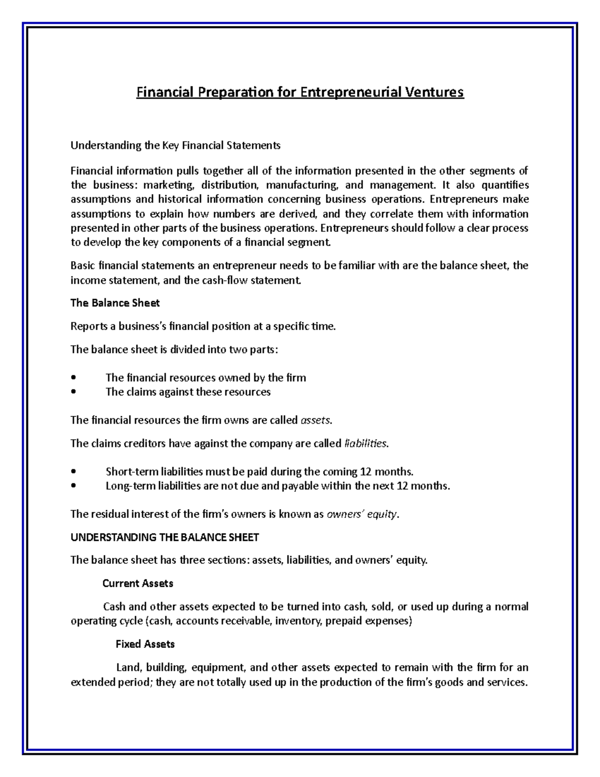 Financial Preparation for Entrepreneurial Ventures - Financial ...