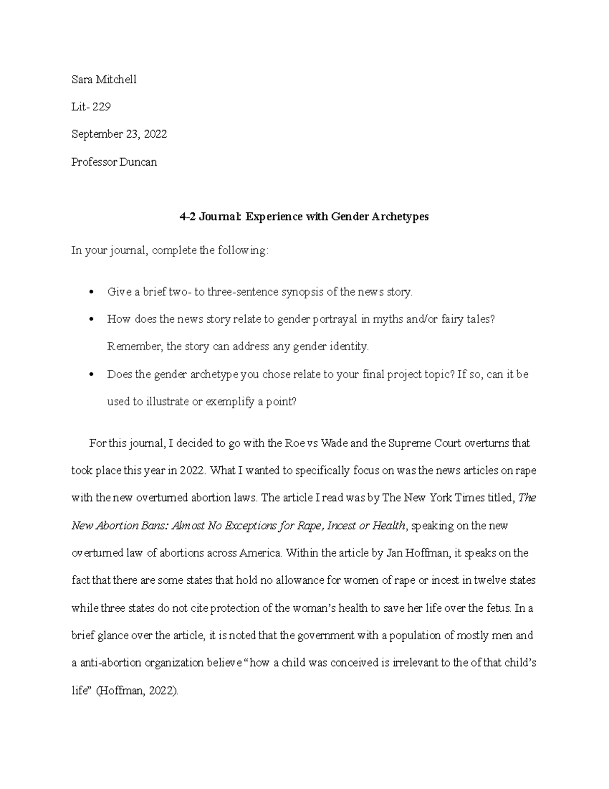 4-2 Journal- Experience With Gender Archetypes- SMitchell - Sara ...