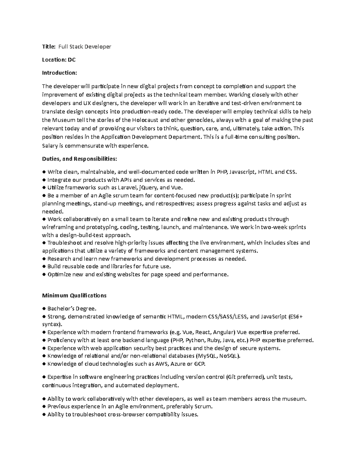 Job Description-FS Dev - Title: Full Stack Developer Location: DC ...