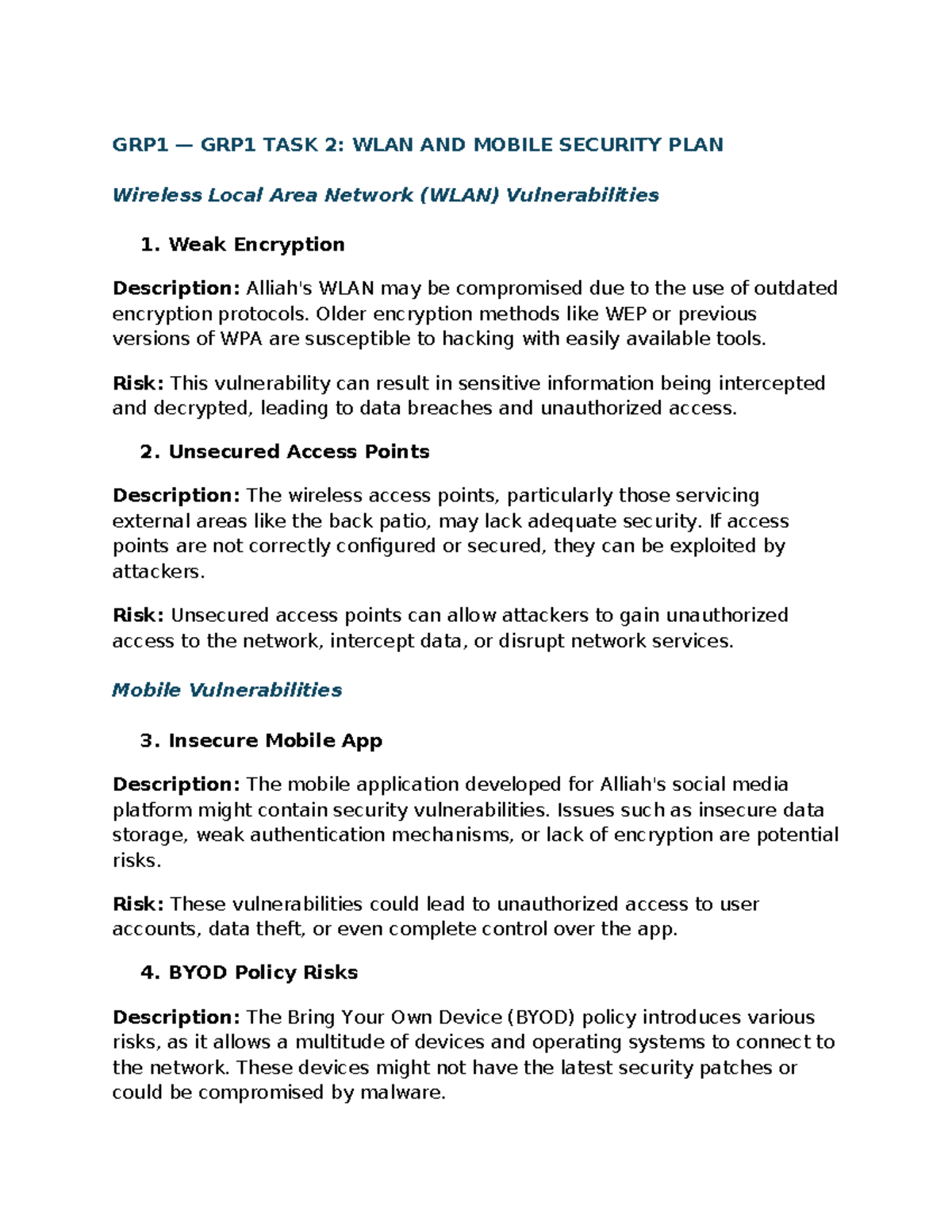 GRP1 — GRP1 TASK 2 WLAN AND Mobile Security PLAN - GRP1 — GRP1 TASK 2 ...