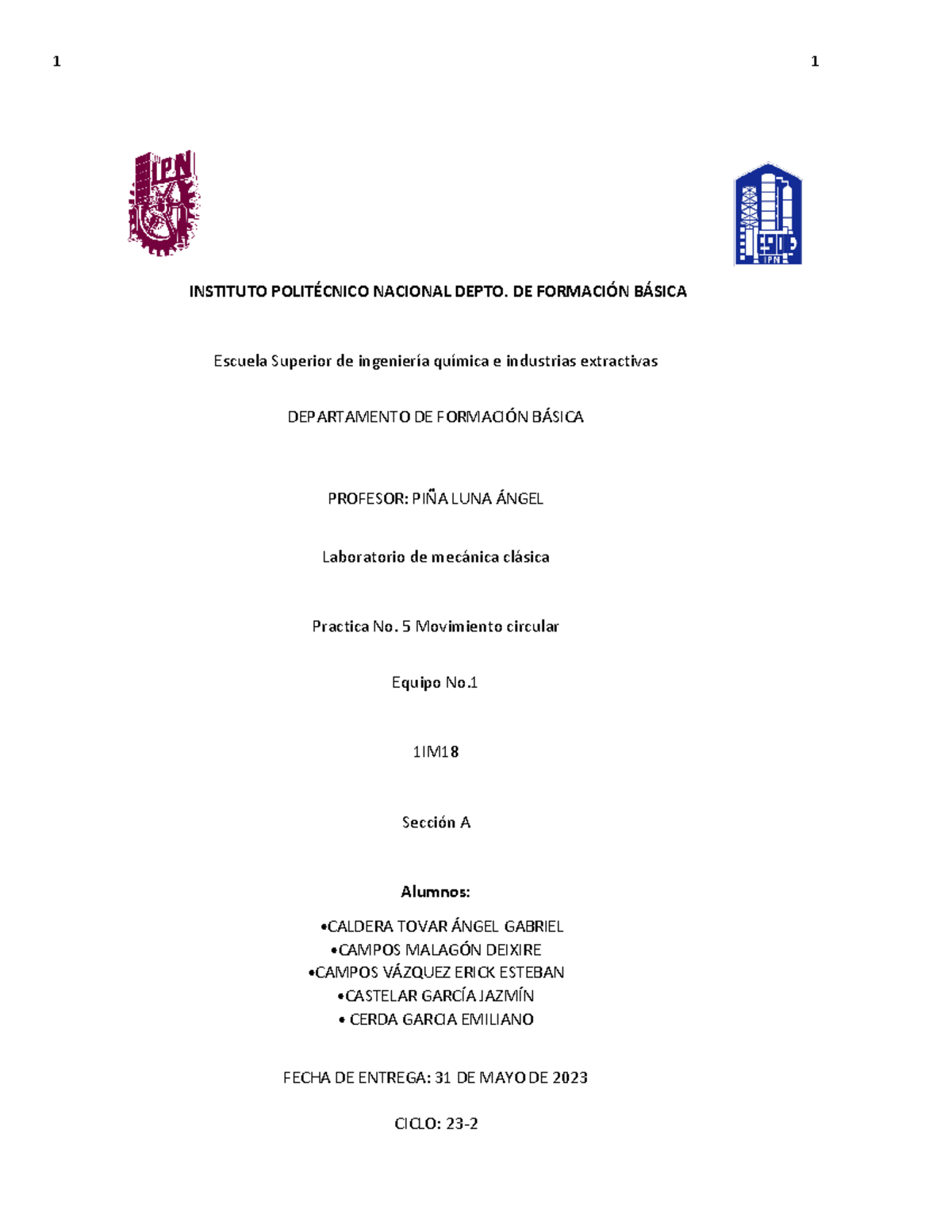 Reporte de practicaI - INSTITUTO POLIT.. NACIONAL DEPTO. DE FORMACI”N B¡SICA Escuela Superior de ...