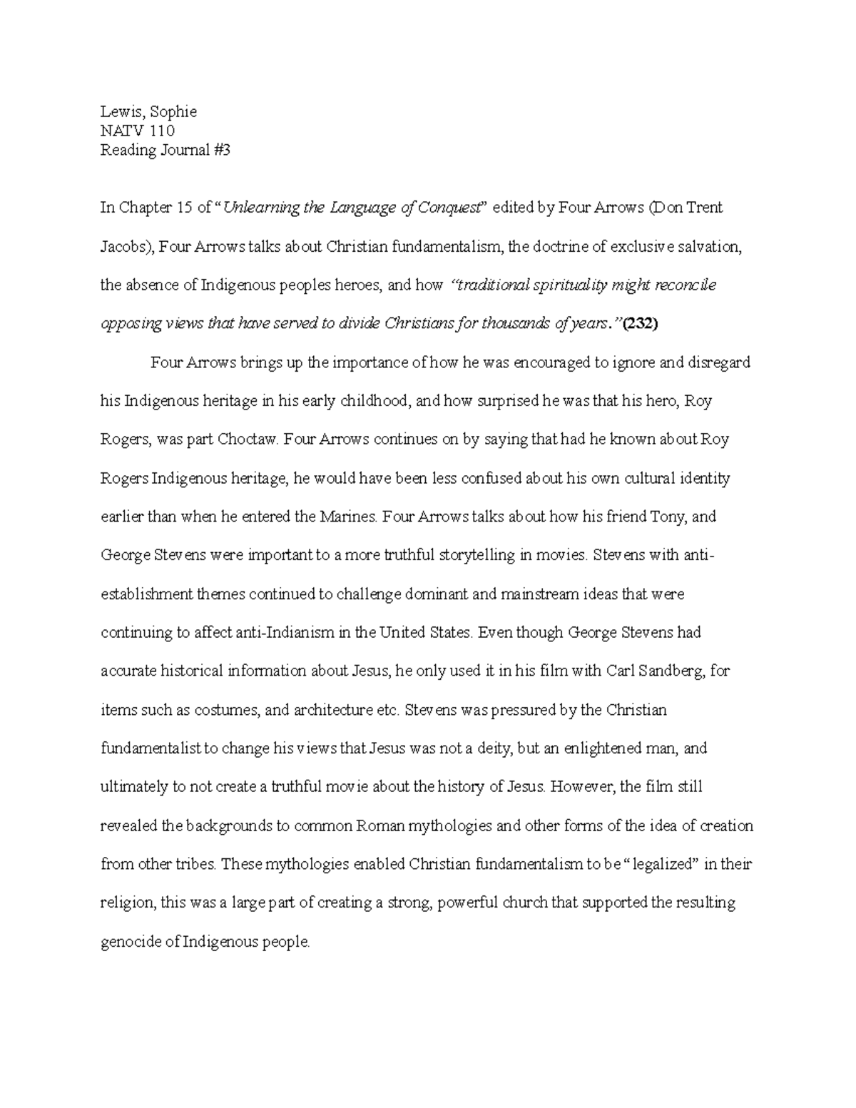 Native American History Reading Journal 3 - Lewis, Sophie NATV 110 ...