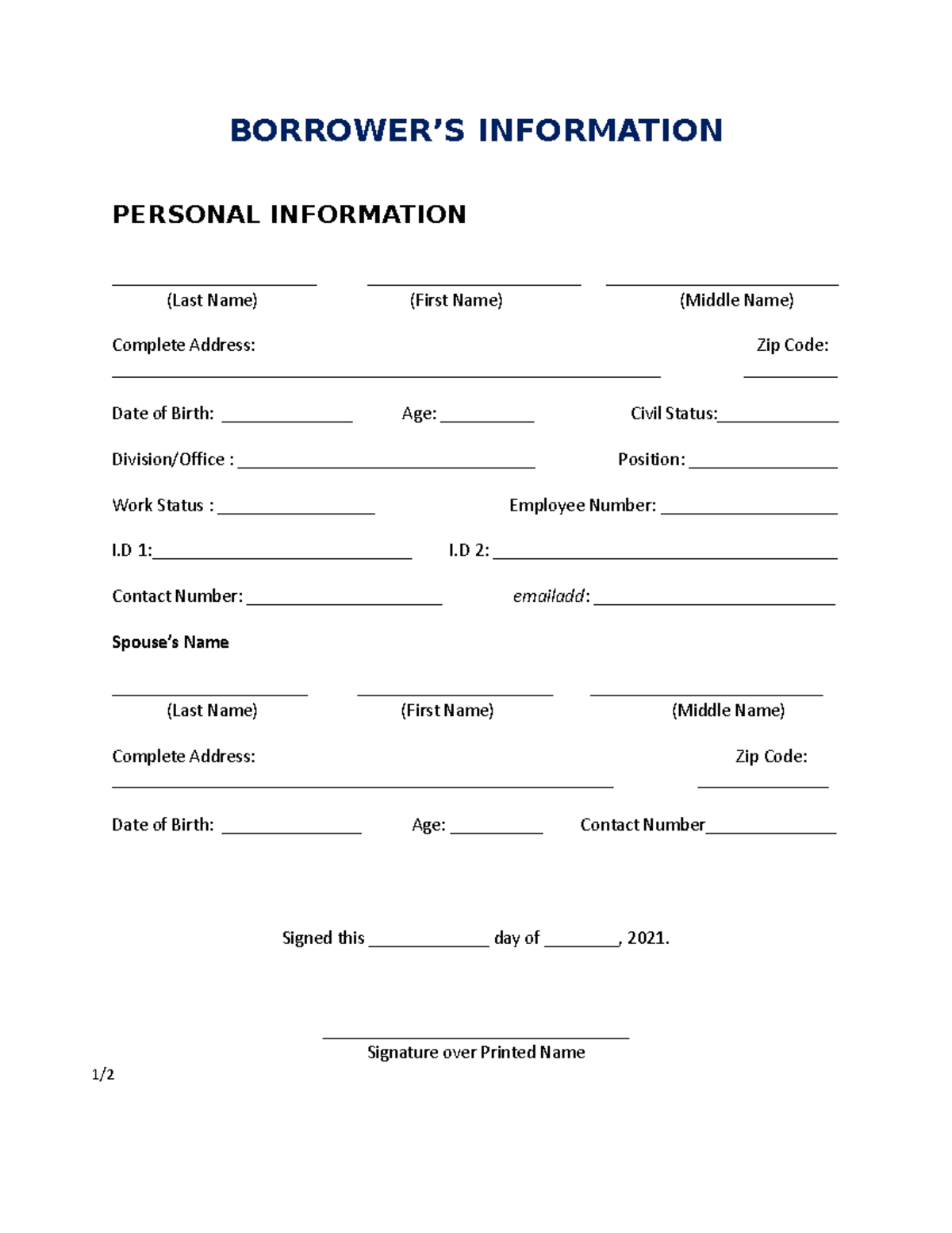 Borrowers-info - 4th year students - BORROWER’S INFORMATION PERSONAL INFORMATION - Studocu