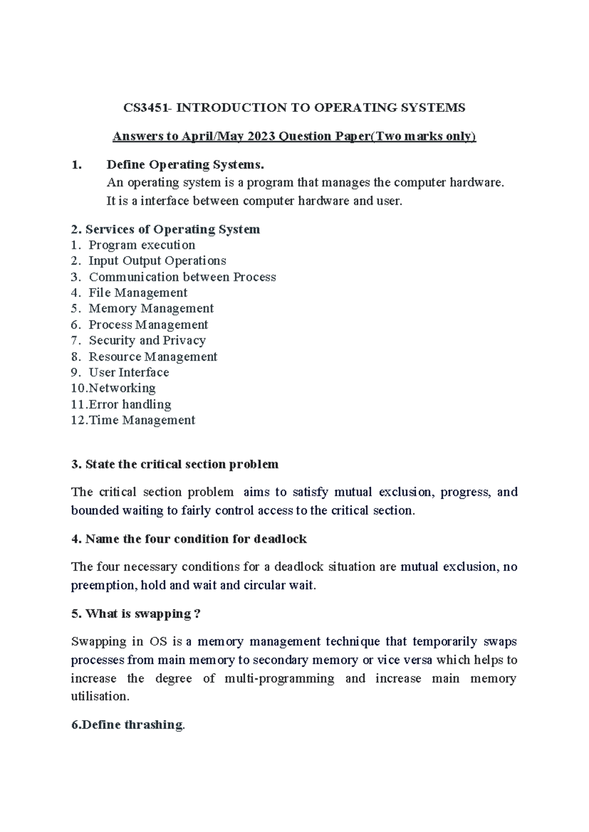 Two marks answer april may 2023 - CS3451- INTRODUCTION TO OPERATING SYSTEMS Answers to April/May ...