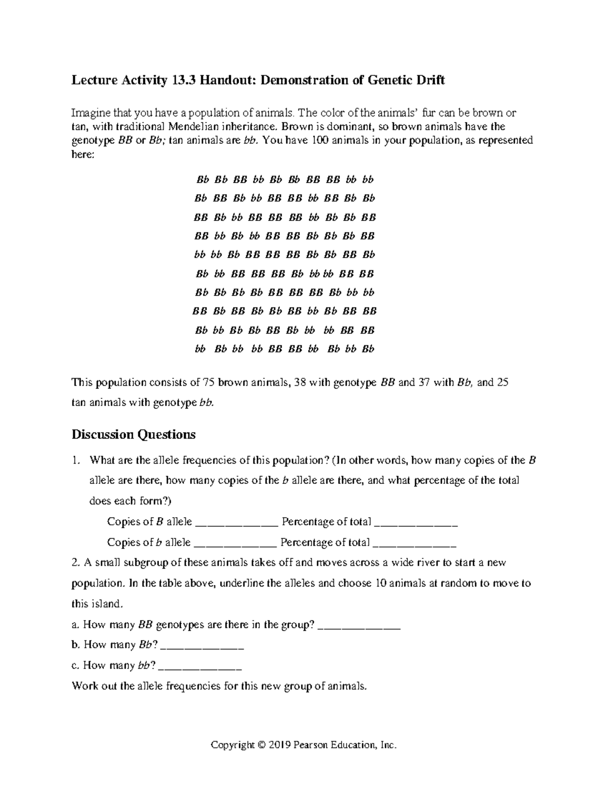 Genetic drift activity sheet - Copyright © 2019 Pearson Education, Inc ...