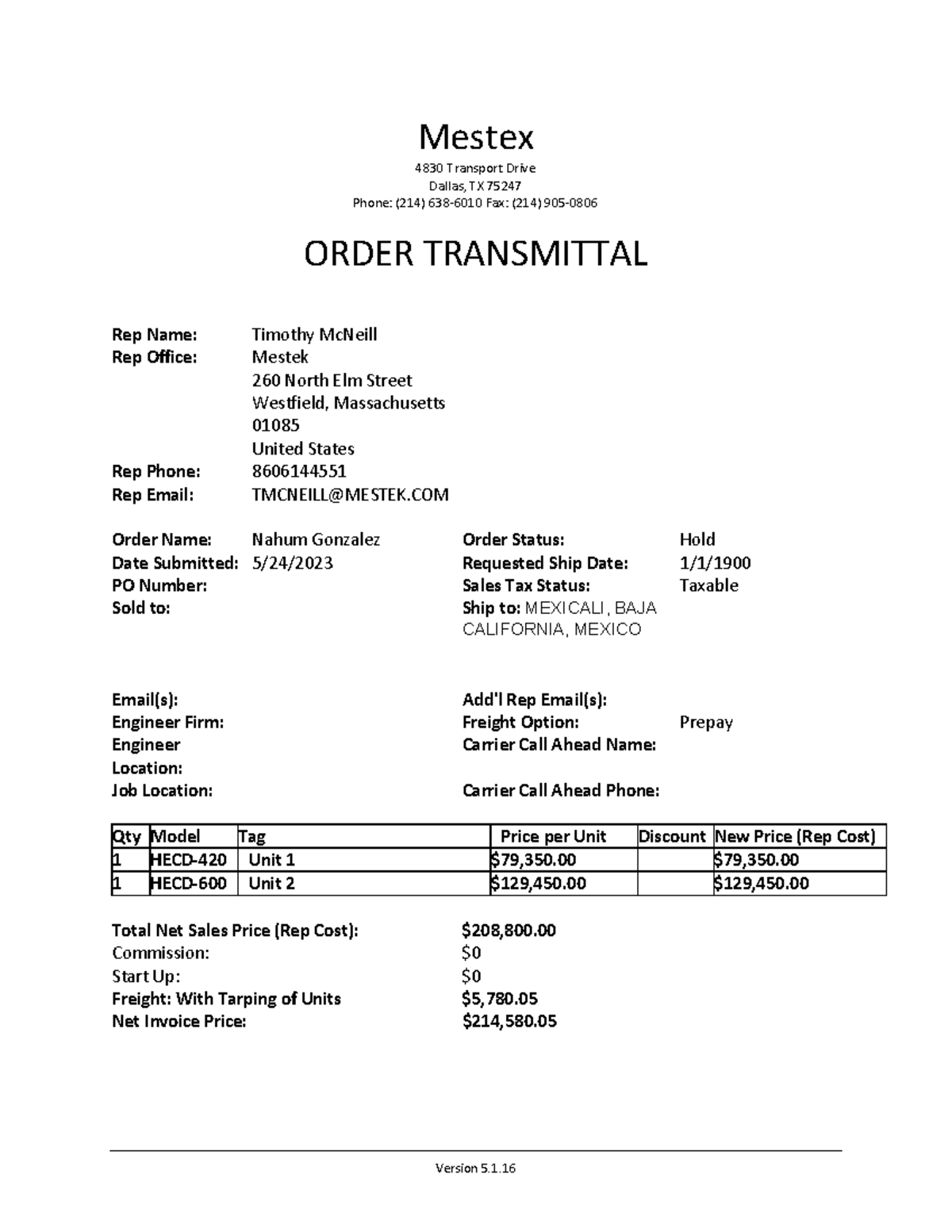 HECD Quote 5-25-2023 - Mestex 4830 Transport Drive Dallas, TX 75247 ...