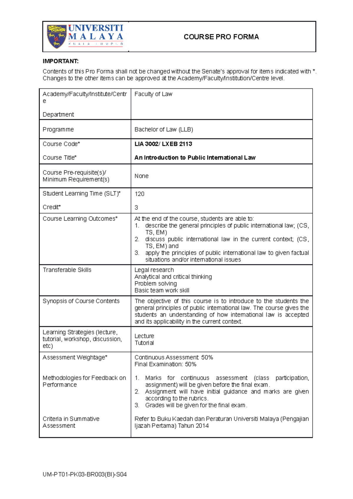 Course Pro Forma - COURSE PRO FORMA IMPORTANT: Contents of this Pro ...