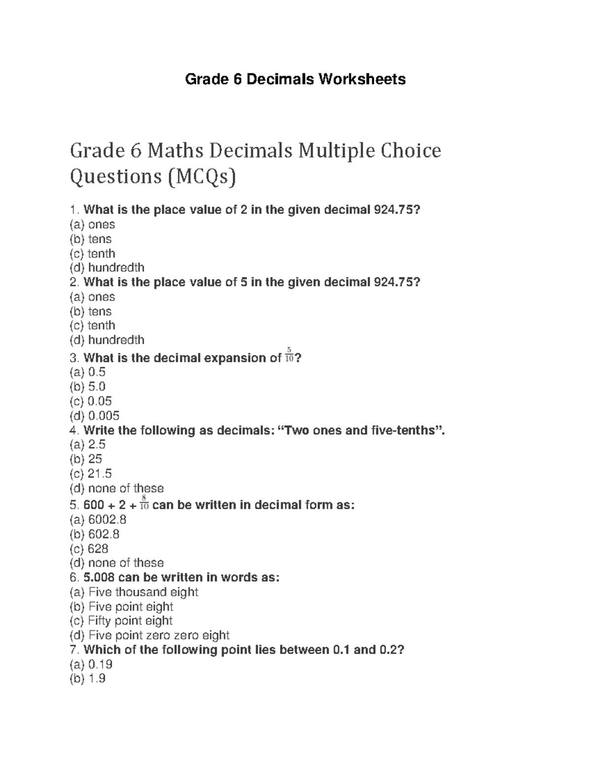 Decimals test - Grade 6 Decimals Worksheets Grade 6 Maths Decimals ...