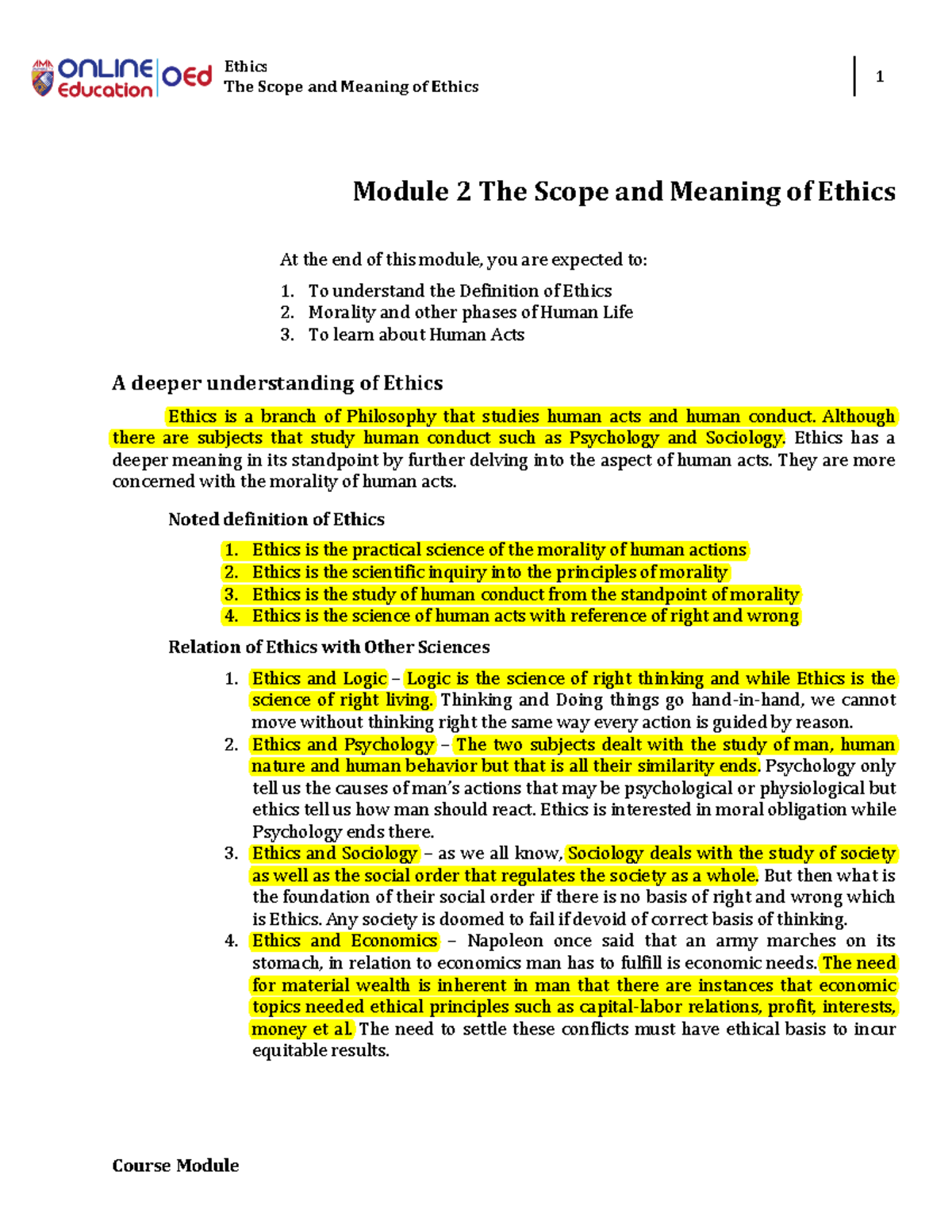 Module 2 (The Scope and Meaning of Ethics) - Ethics The Scope and ...