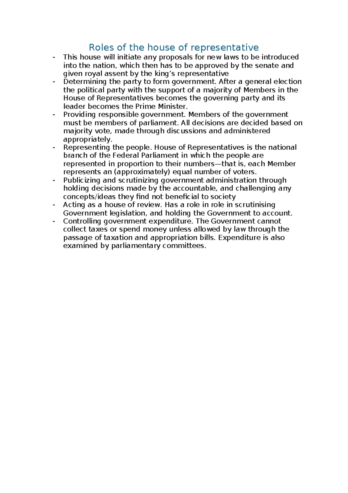 Roles of the house of representative - After a general election the ...