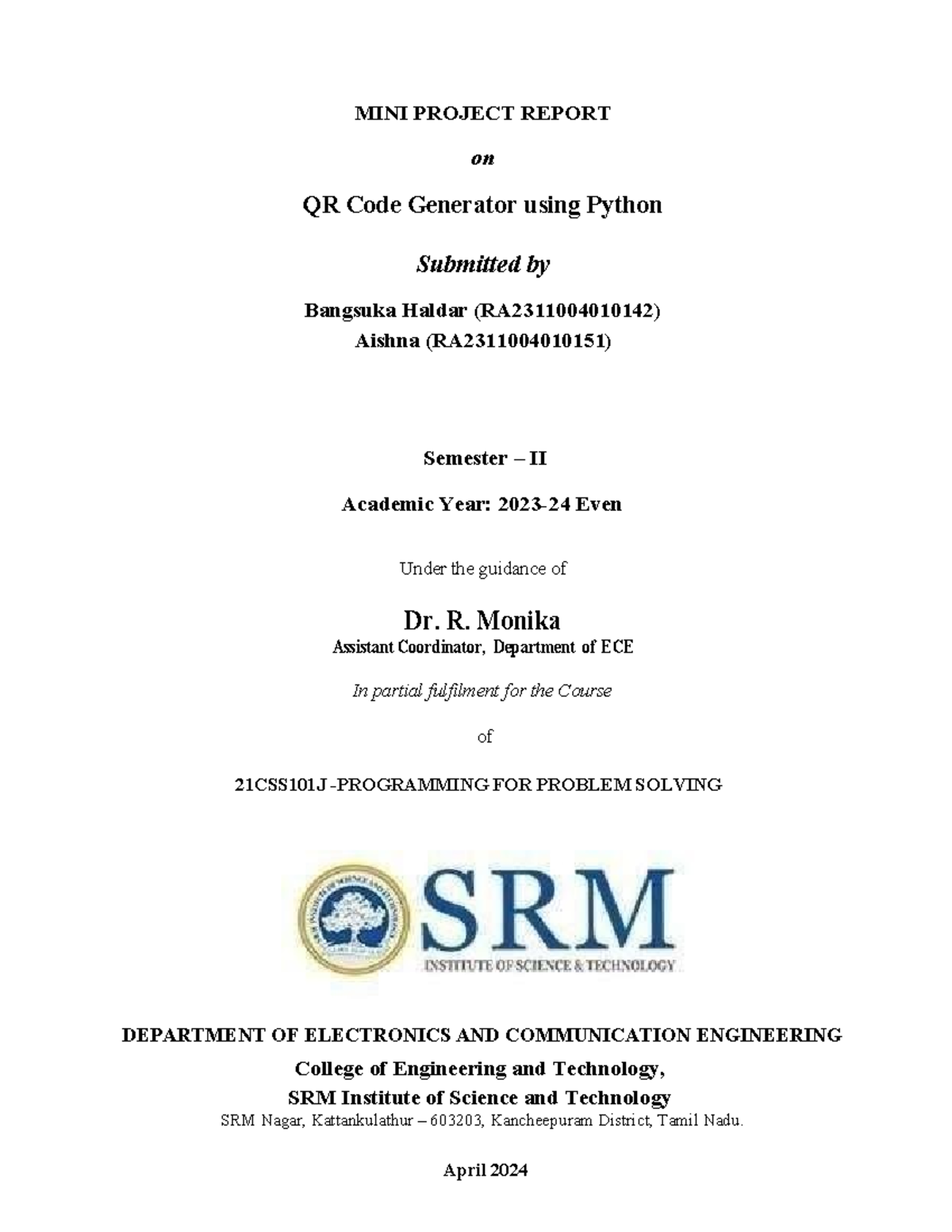 PPS MINI Project qr code - ####### MINI PROJECT REPORT ####### on QR ...