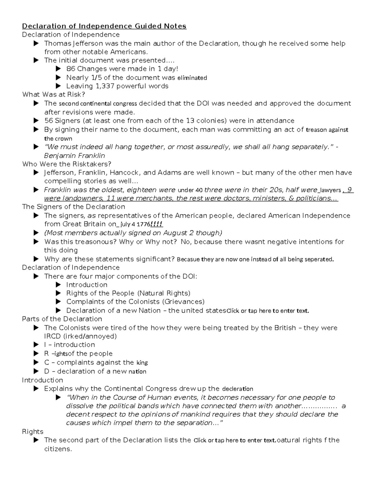 Declaration of Independence Guided Notes - Declaration of Independence ...