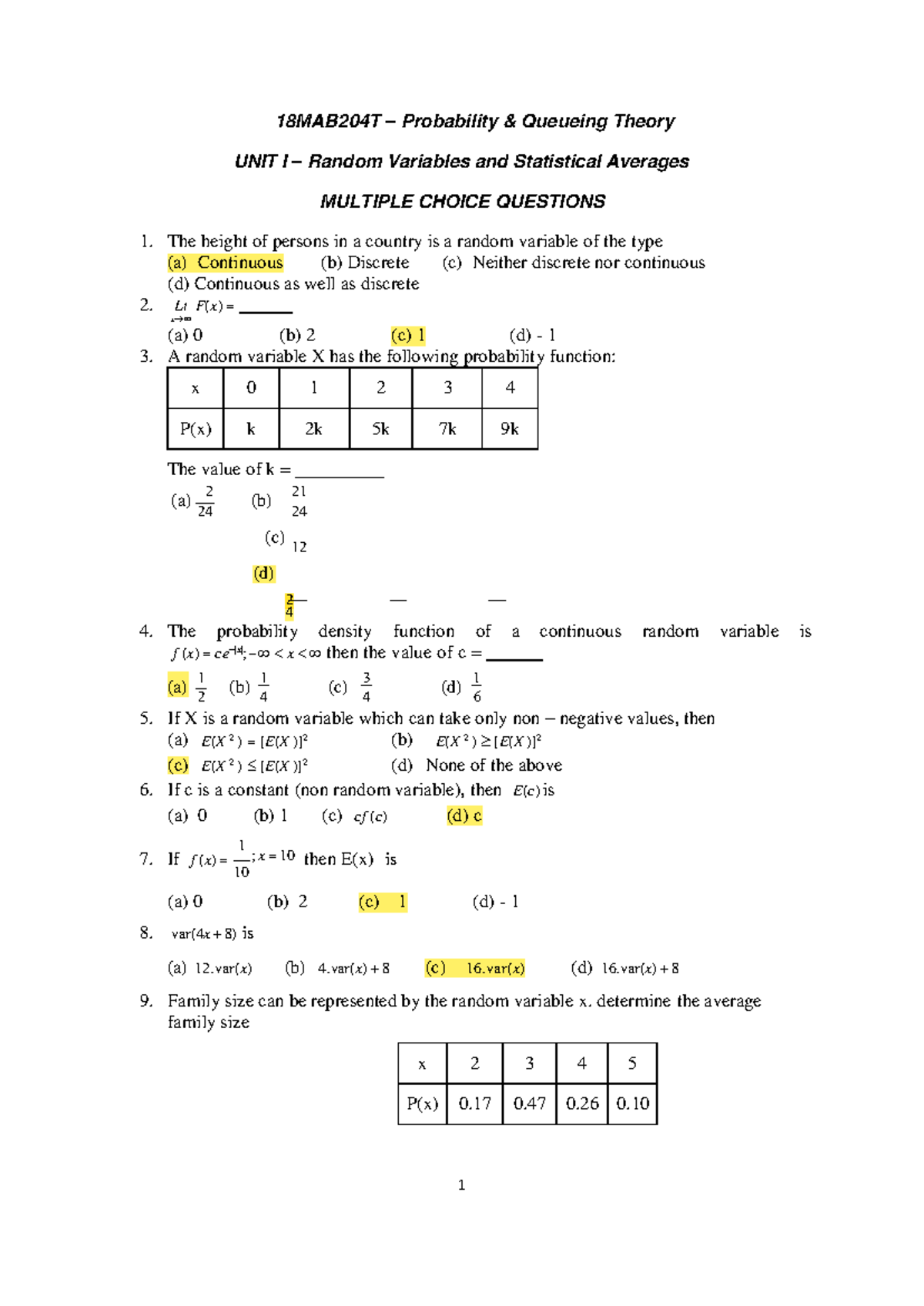 18MAB204T- MCQ (I-V) - One words - 18MAB204T – Probability & Queueing Theory UNIT I – Random ...