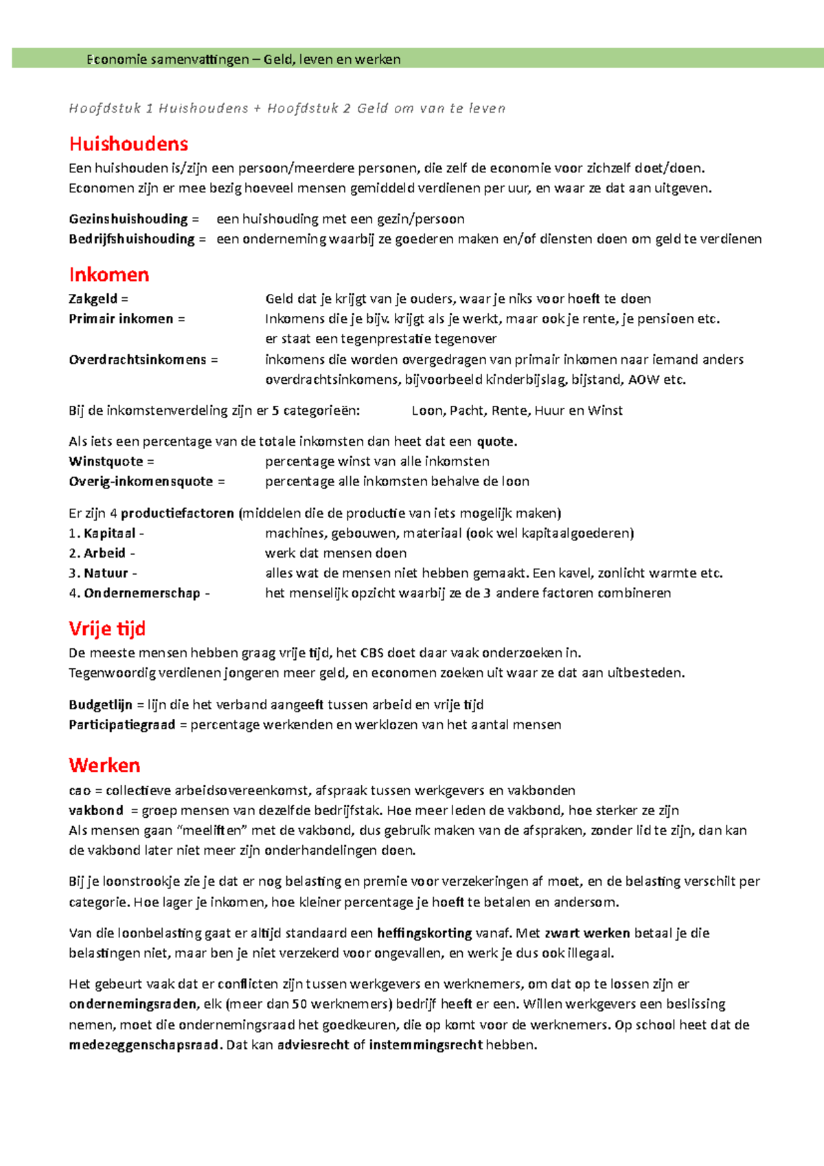 Economie geld leven en werk - Hoofdstuk 1 Huishoudens + Hoofdstuk 2 ...