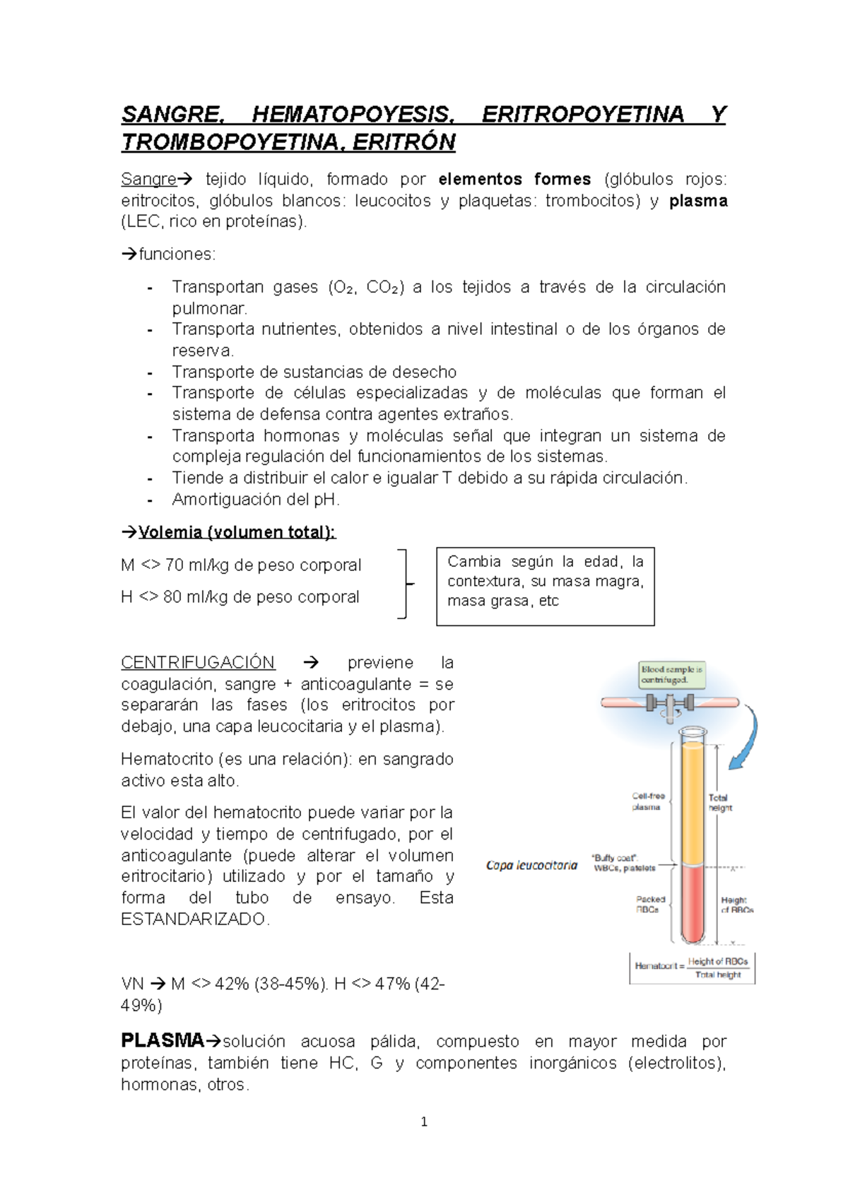 Clases 1° parcial fisio - SANGRE, HEMATOPOYESIS, ERITROPOYETINA Y ...