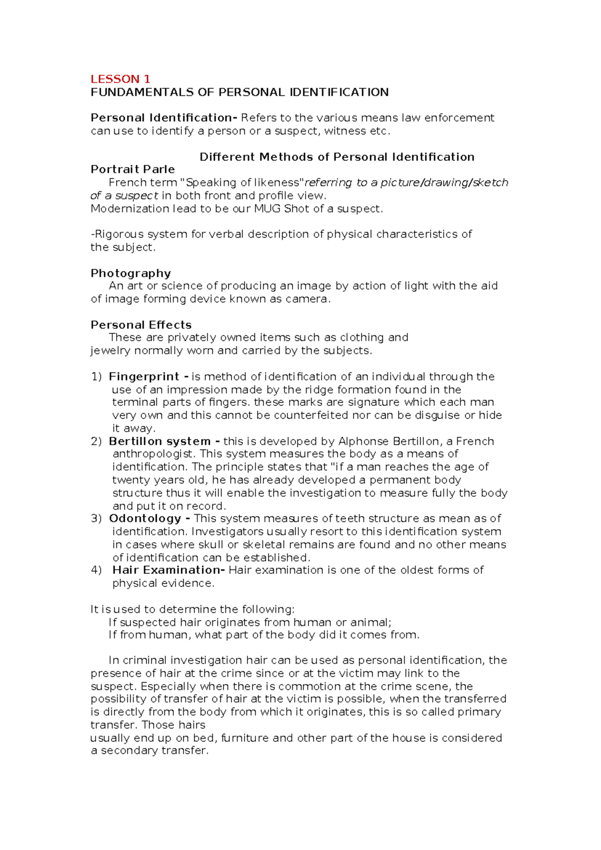 199- Personal Identification - LESSON 1 FUNDAMENTALS OF PERSONAL ...