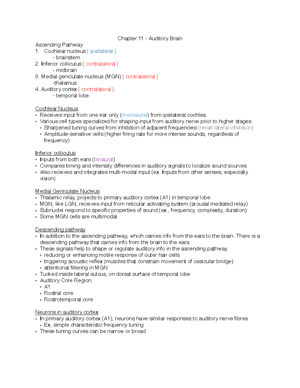 Ch. 11 - Auditory Brain - Chapter 11 - Auditory Brain Ascending Pathway ...
