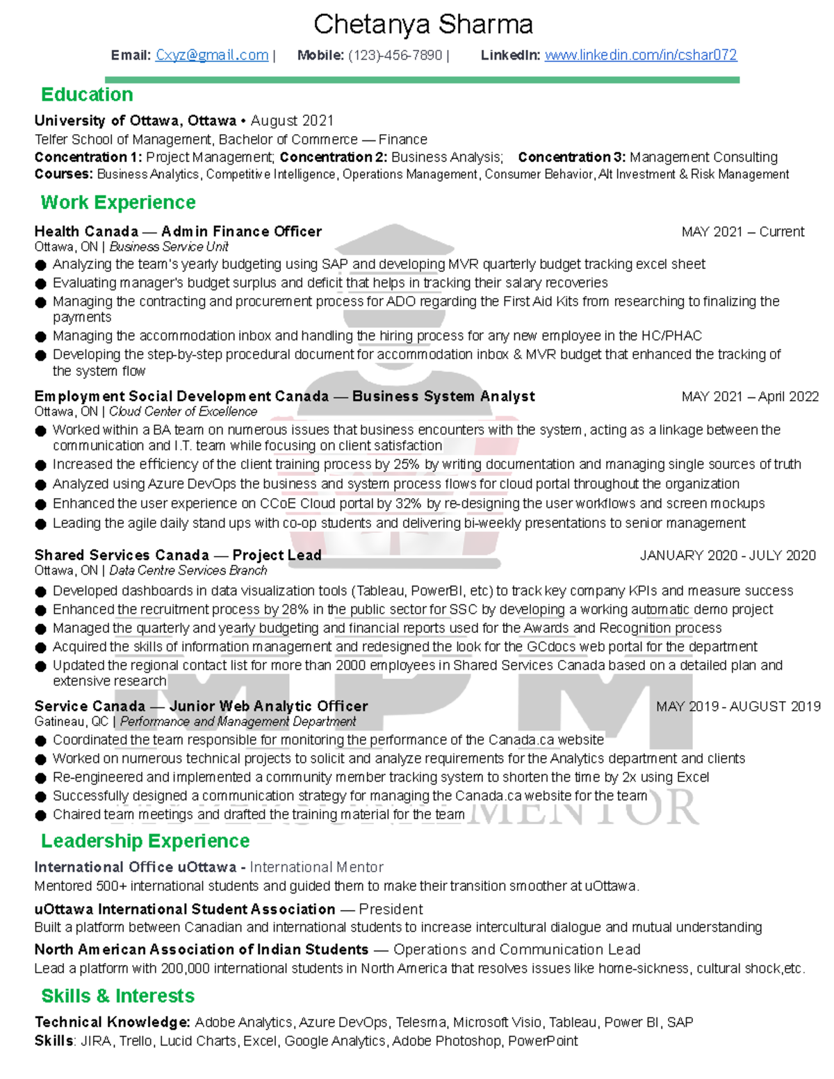 Mpm resume format - Chetanya Sharma Email: Cxyz@gmail | Mobile: (123)-456-7890 | LinkedIn: - Studocu