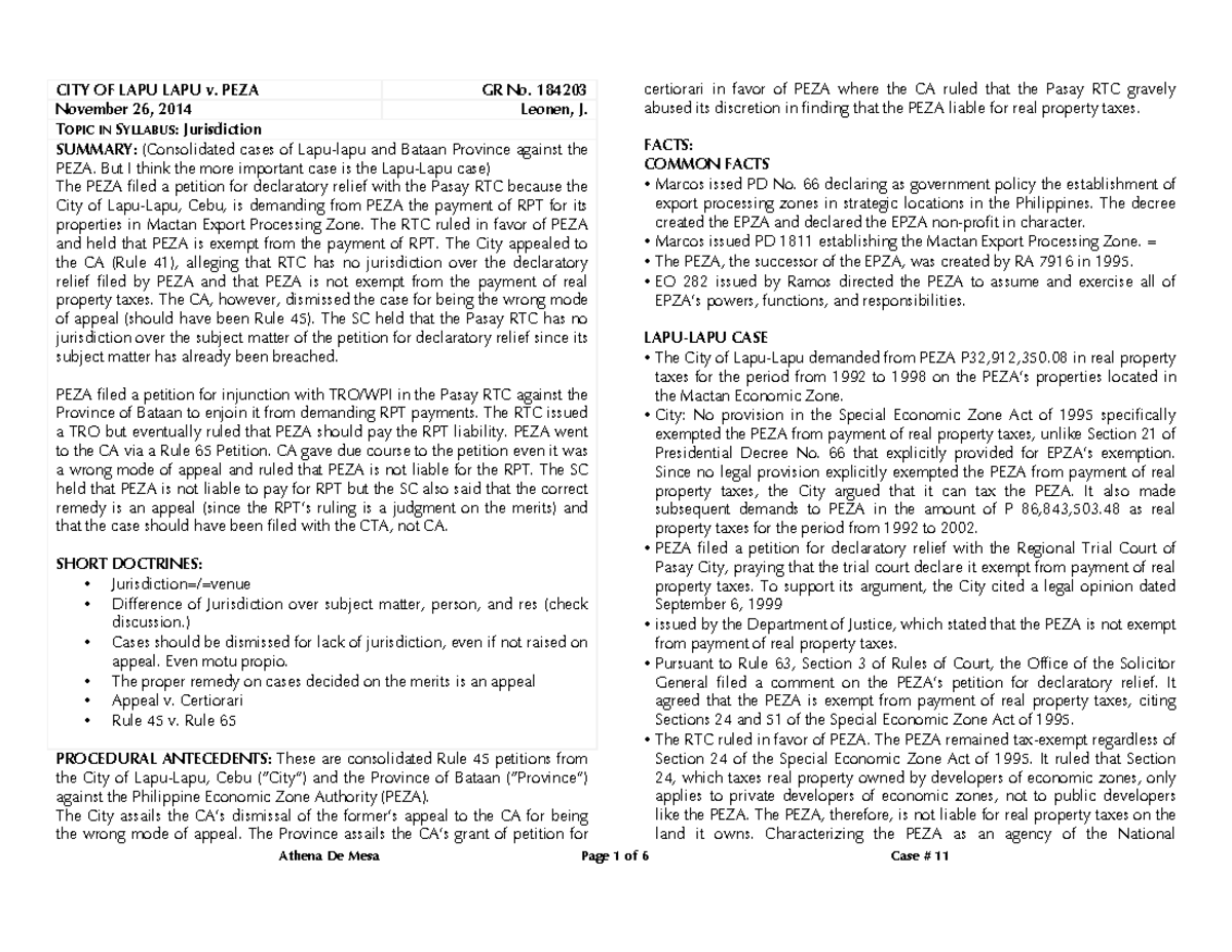 Ilide - lecture notes - CITY OF LAPU LAPU v. PEZA GR No. 184203 ...