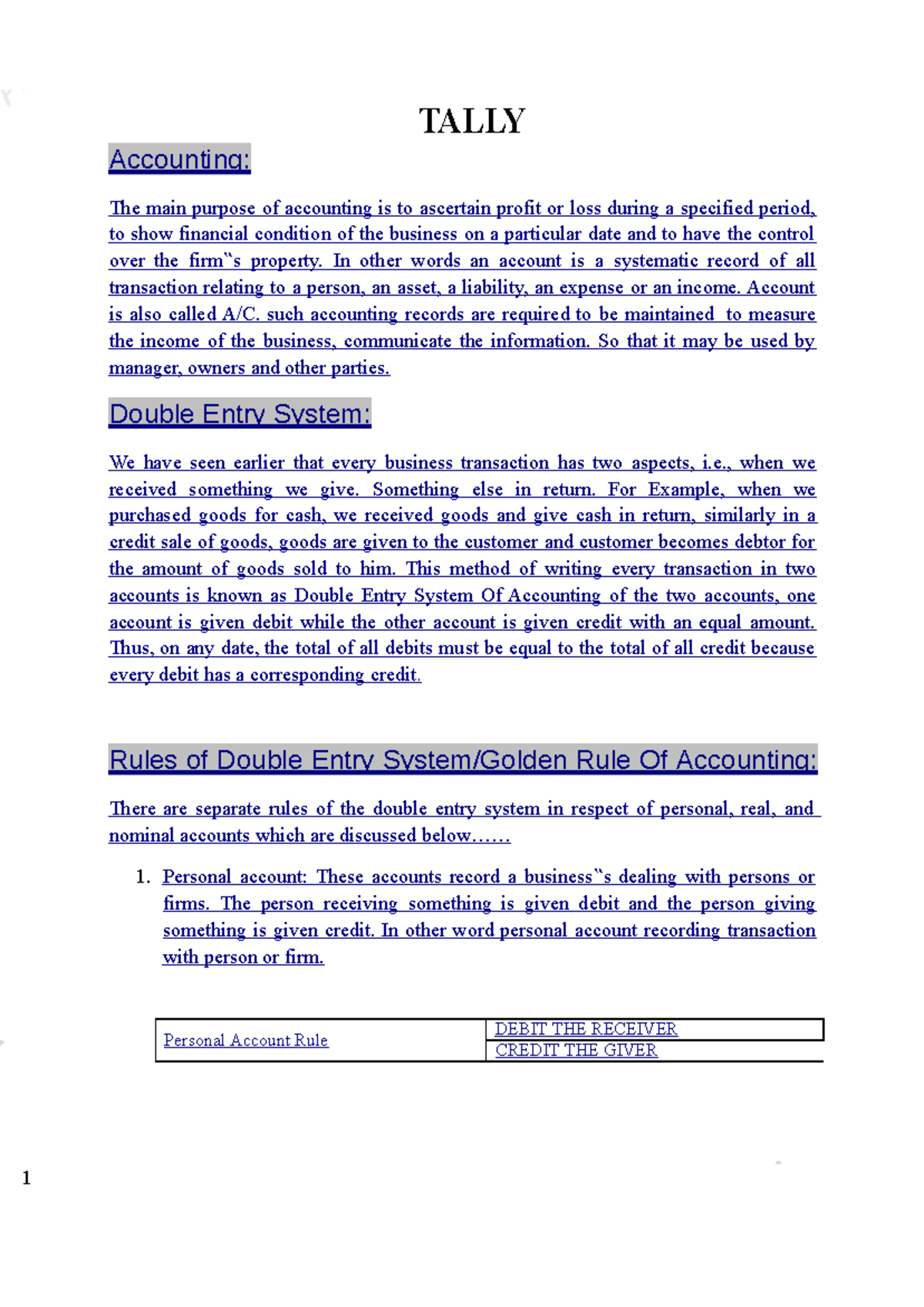 Tally material - TALLY Accounting: The main purpose of accounting is to ...