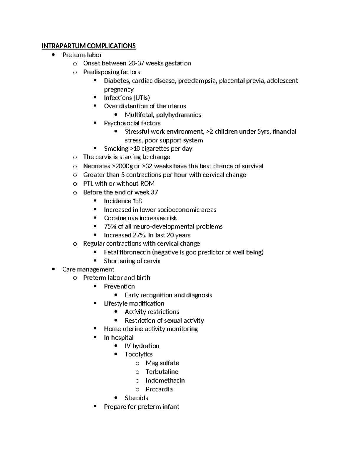 Intrapartum Complications - INTRAPARTUM COMPLICATIONS Preterm labor o ...