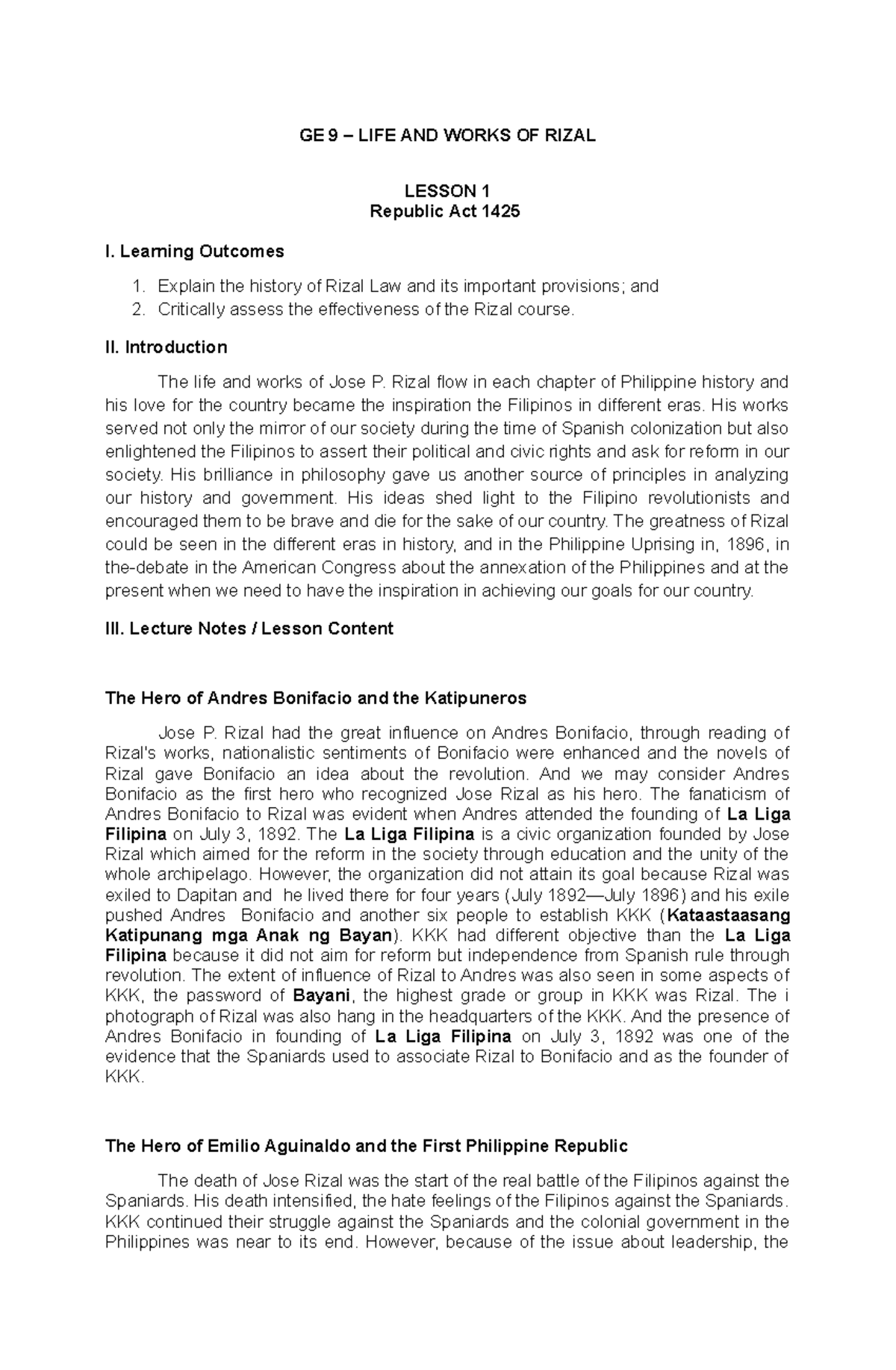 GE 9-Lesson 1 - LESSON 1 Republic Act 1425 - GE 9 – LIFE AND WORKS OF ...