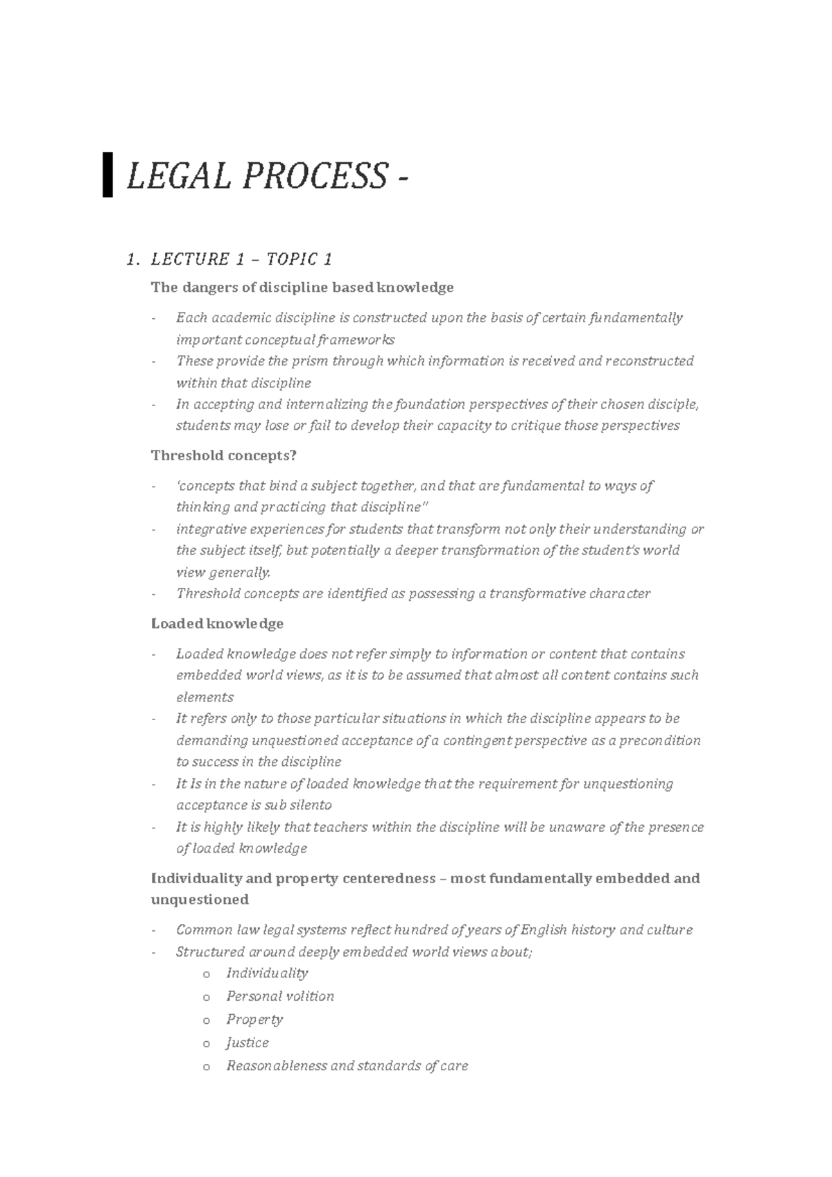 Legal Process - Lecture Notes - LEGAL PROCESS 1. LECTURE 1 TOPIC 1 The ...