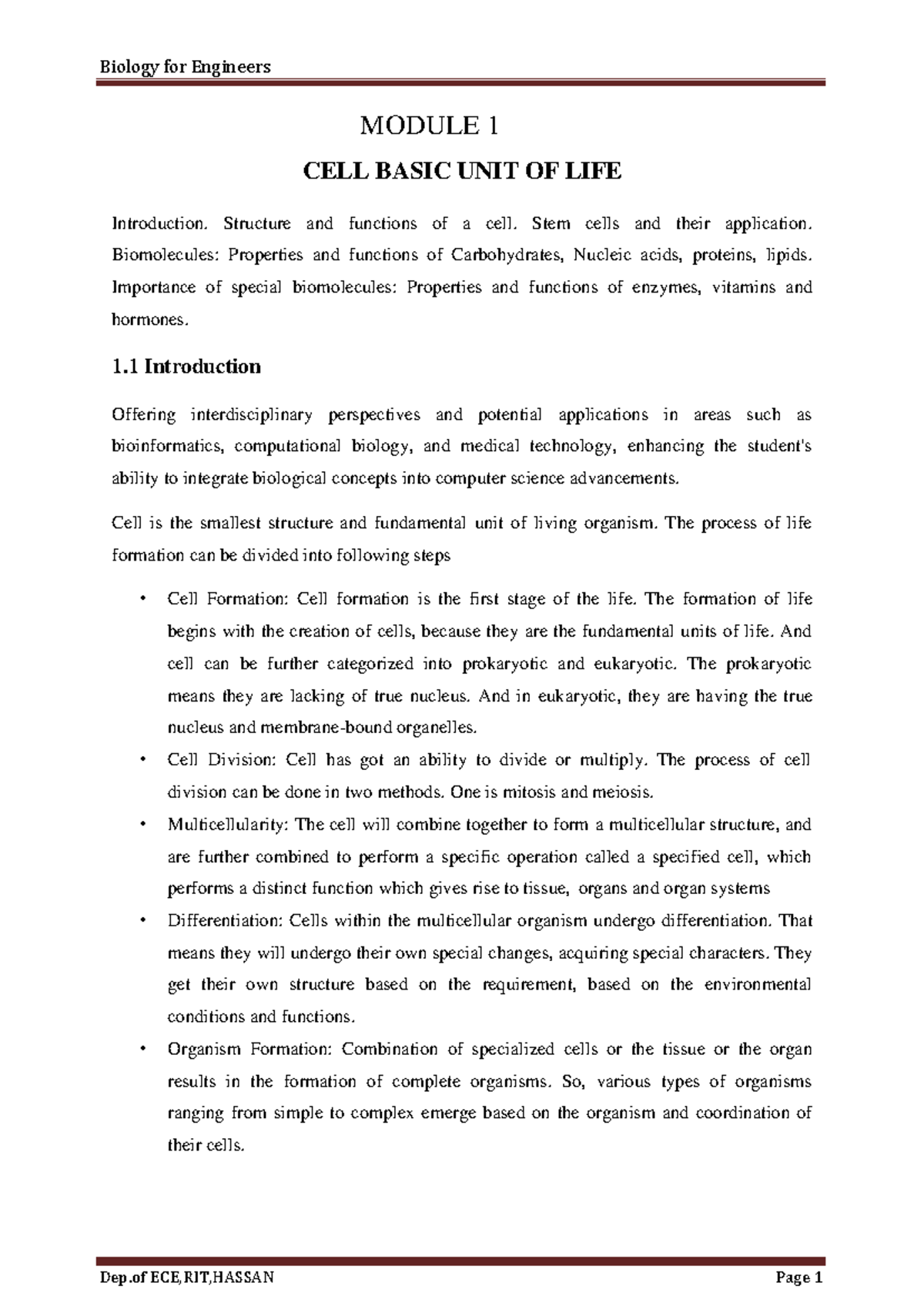 Module-1 CELL Basic UNIT OF LIFE - MODULE 1 CELL BASIC UNIT OF LIFE Introduction. Structure and ...
