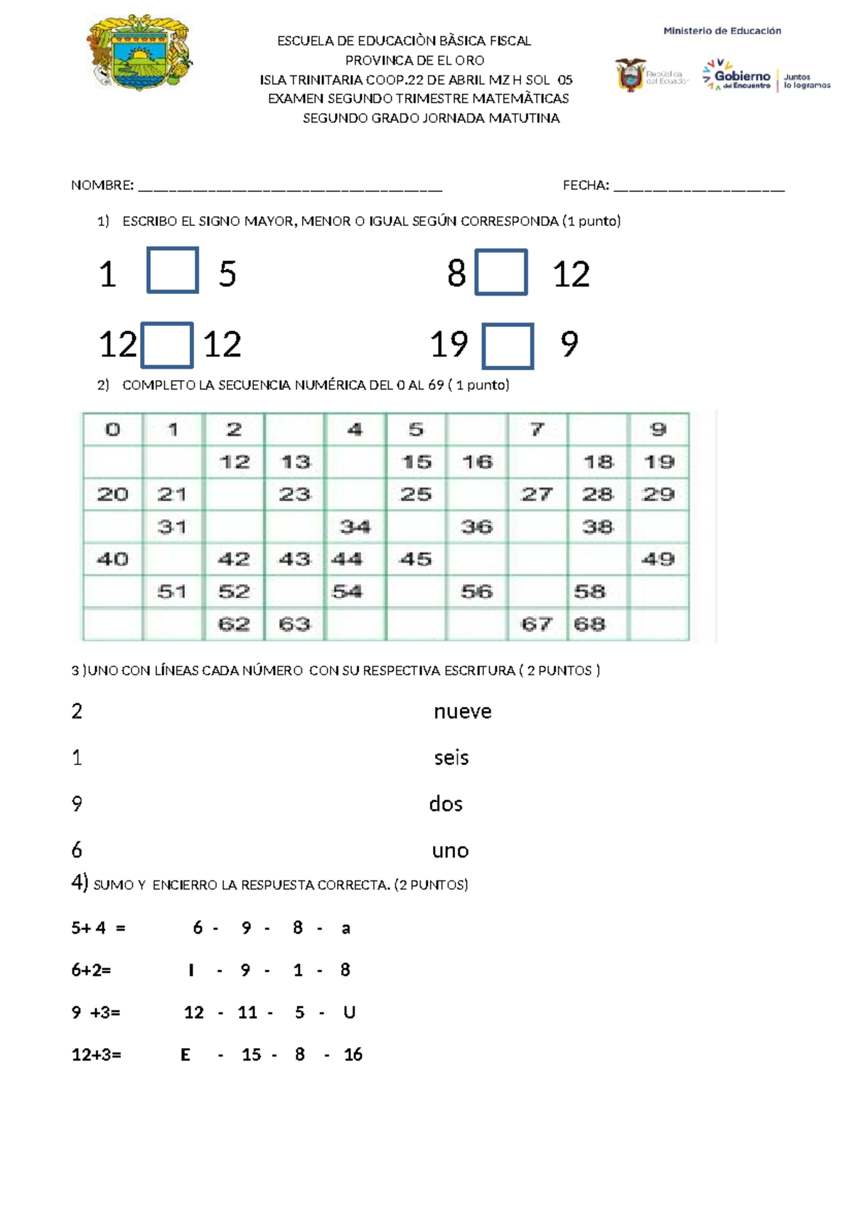 Examen DE Matematicas 2DO Trimestre Segundo Grado - ESCUELA DE ...