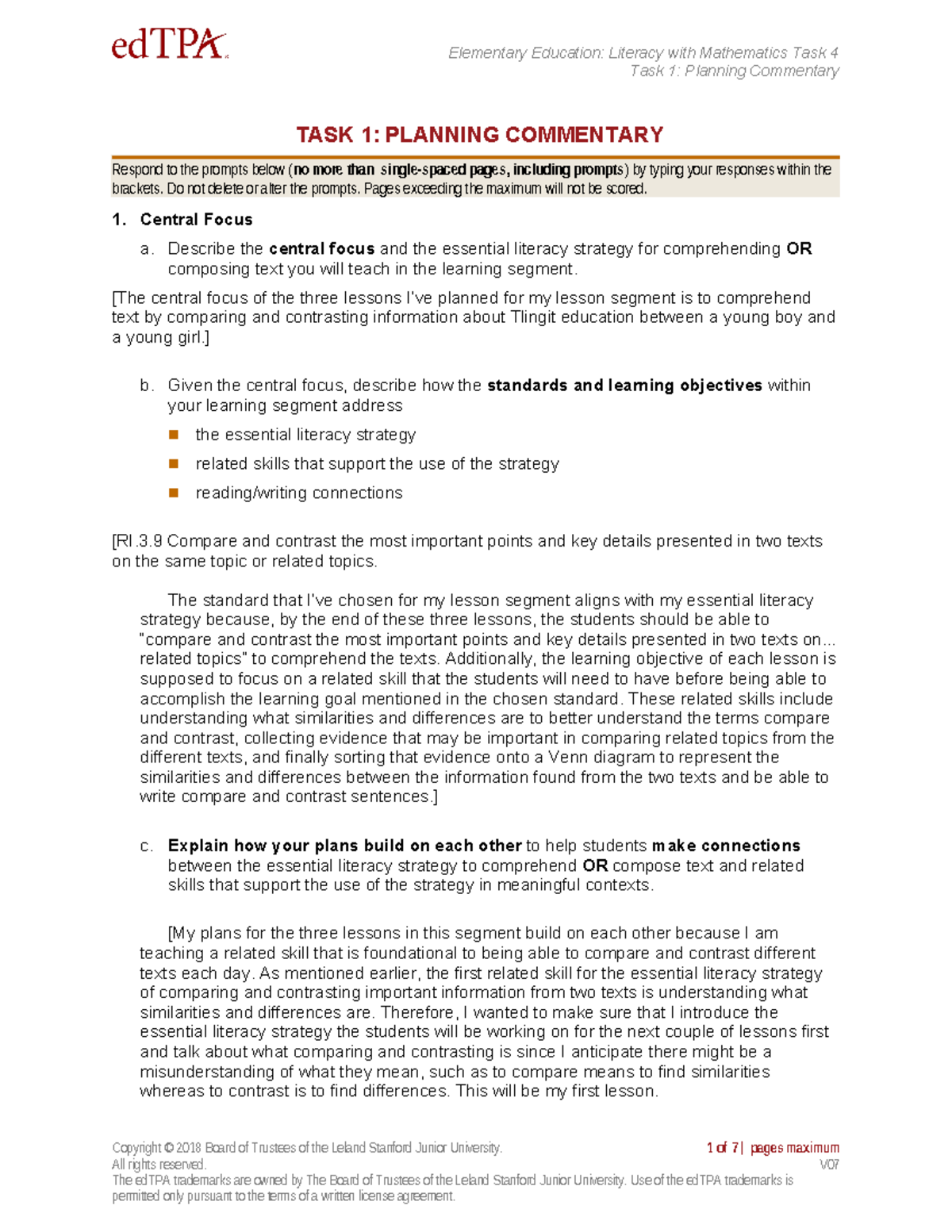 Ed TPA Planning Commentary - Task 1: Planning Commentary TASK 1 ...