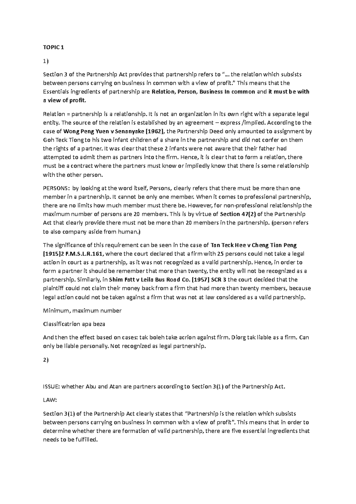 Answers tuto - ...... - TOPIC 1 1) Section 3 of the Partnership Act ...