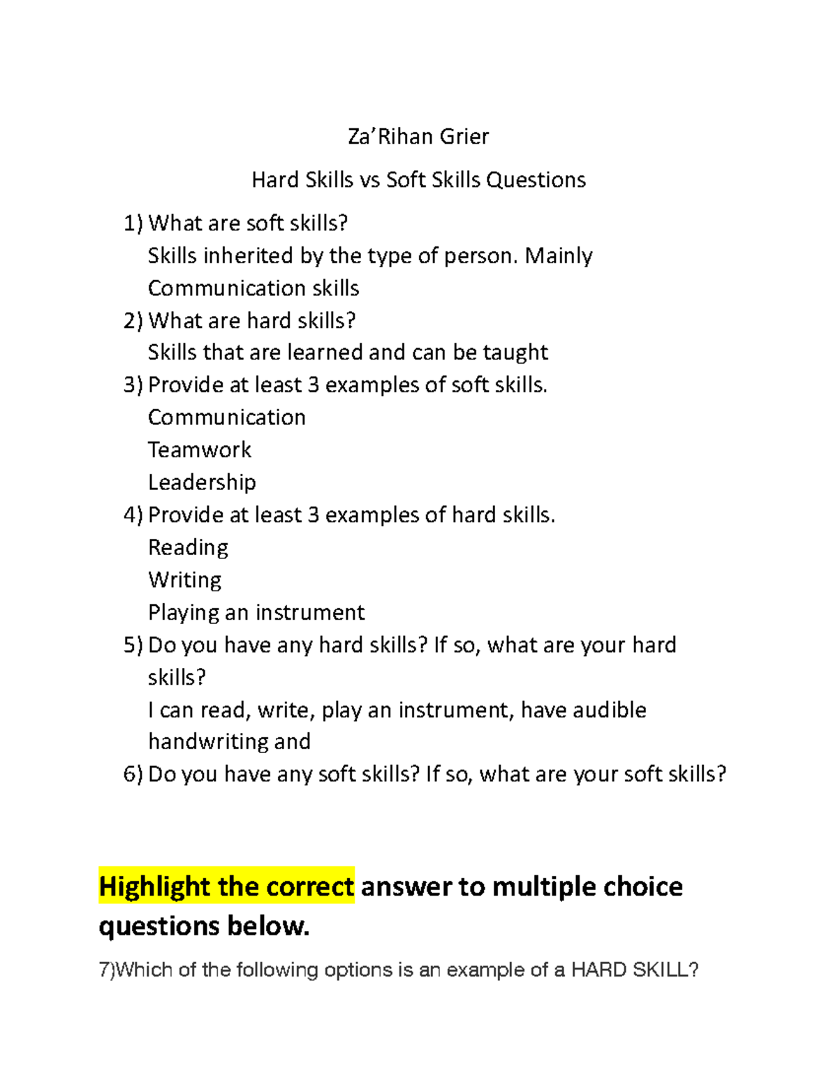 Hard Skills vs Soft Skills Video Questions - Za’Rihan Grier Hard Skills ...