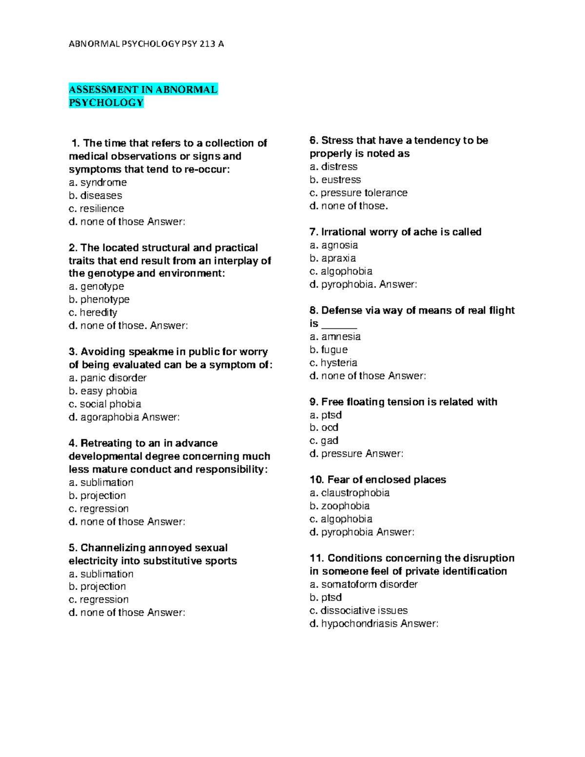 Assessment in Abnormal Psychology 1 - ABNORMAL PSYCHOLOGY PSY 213 A ...