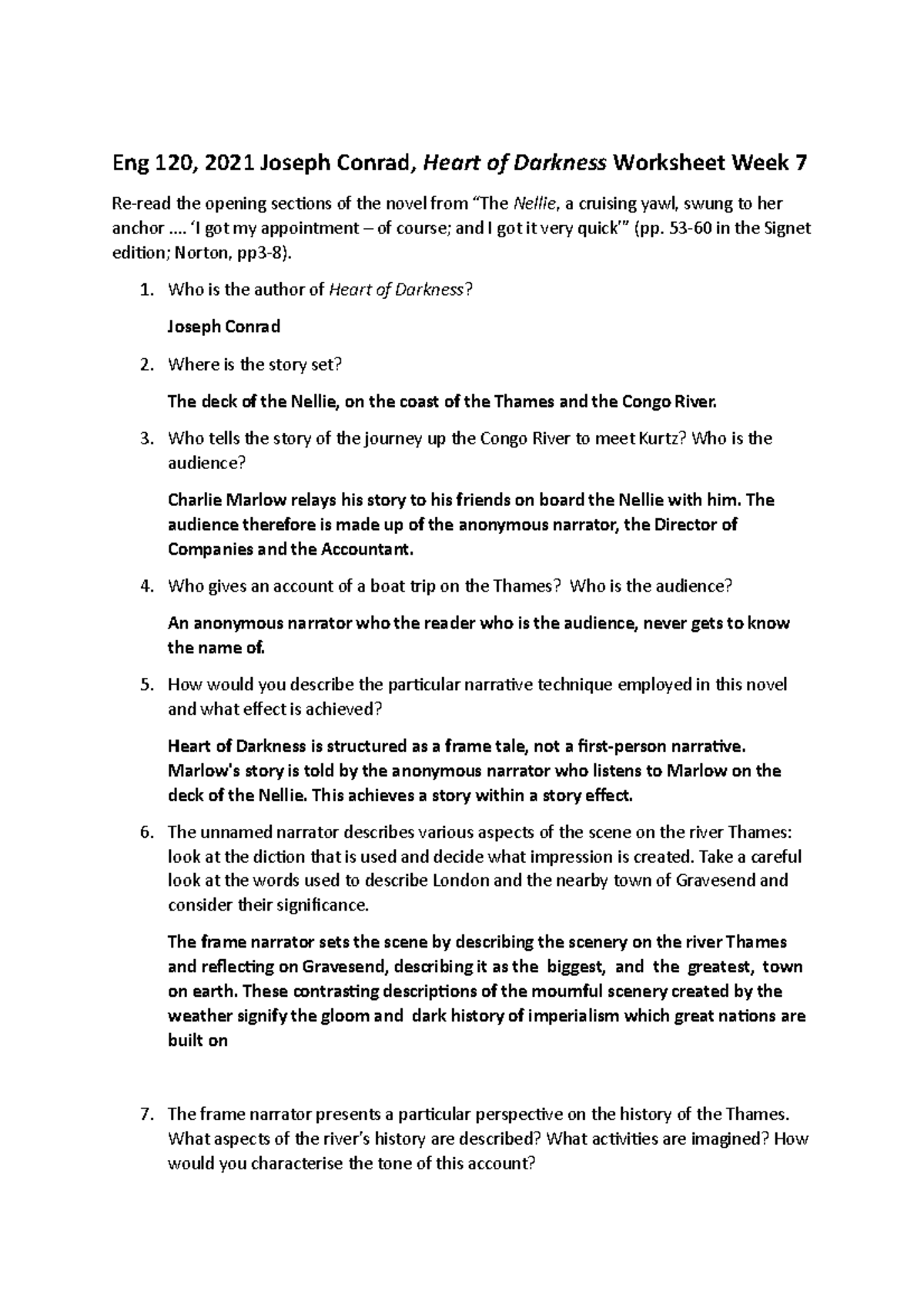 Week 7 Worksheet - Eng 120, 2021 Joseph Conrad, Heart of Darkness ...