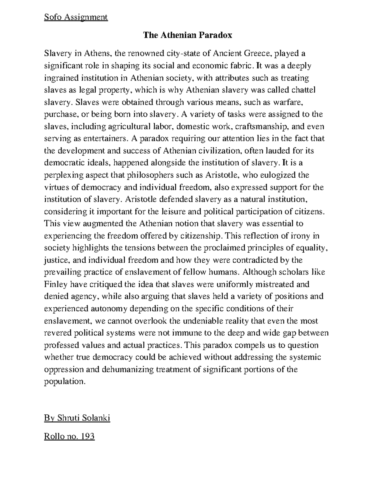 Slavery assignment - Sofo Assignment The Athenian Paradox Slavery in ...