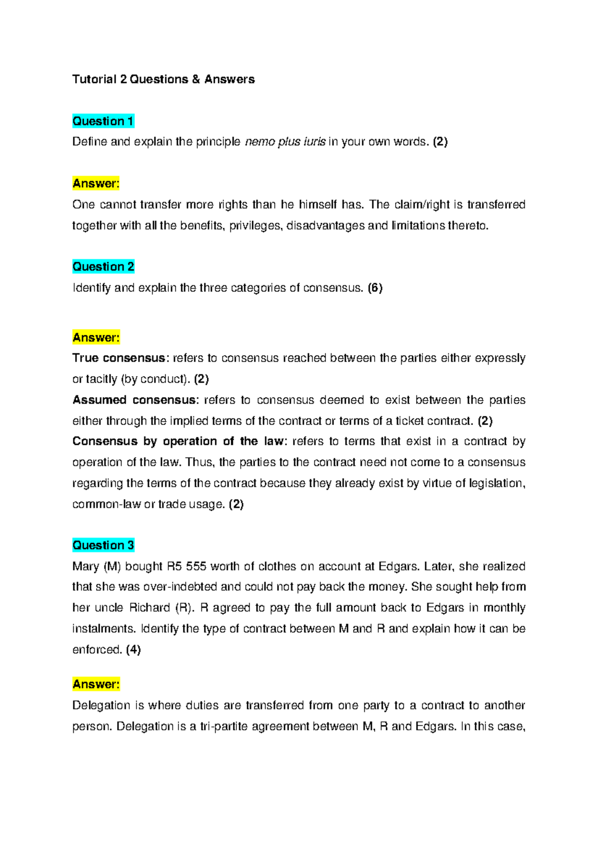 Tutorial 2 answers for business law 210 - Tutorial 2 Questions ...