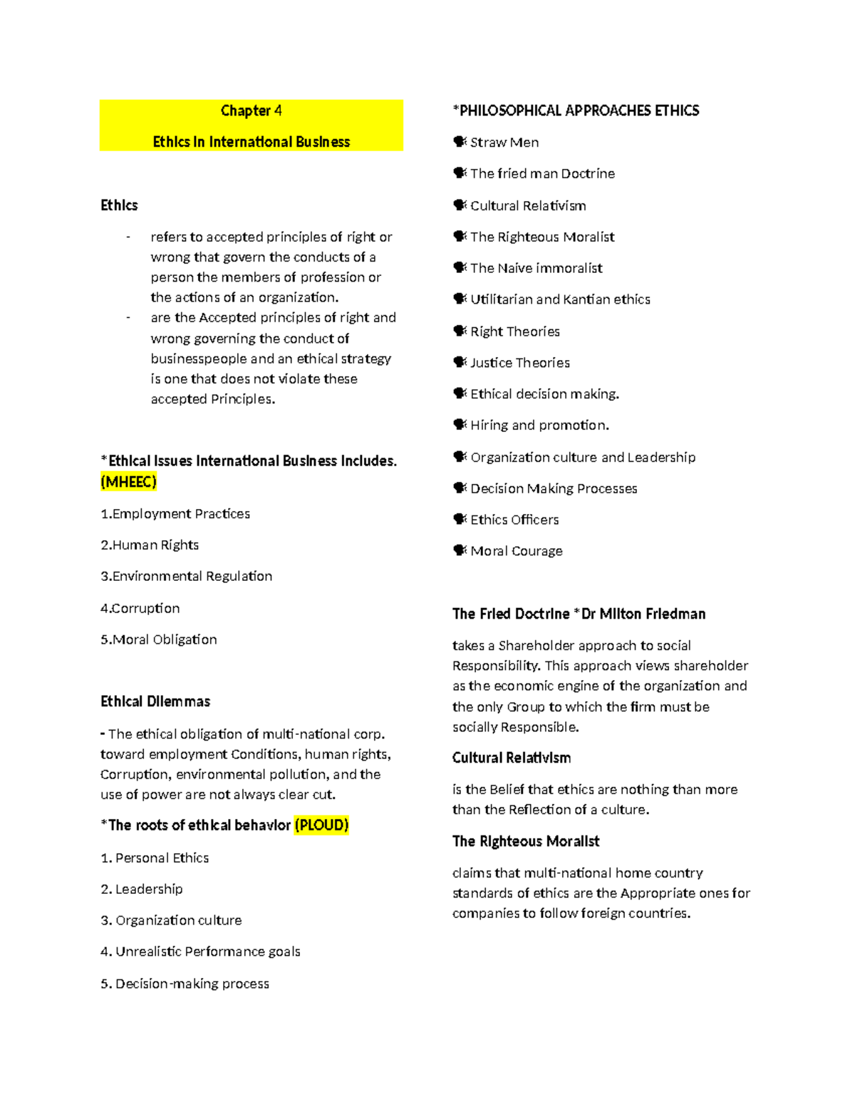 Reviewer for IBT (midterm) - Chapter 4 Ethics in International Business Ethics refers to ...