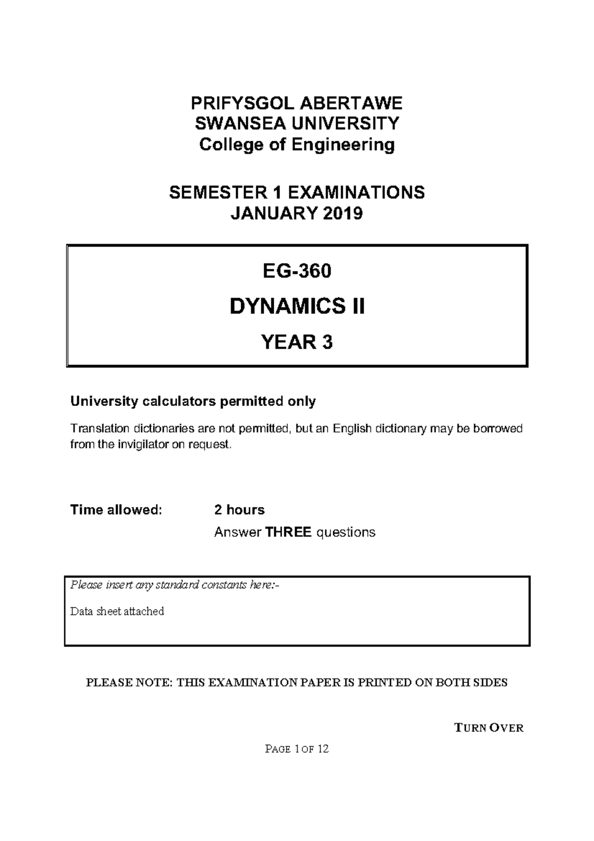 EG-360 Dynamics 2 Exam Paper 18-19 - PRIFYSGOL ABERTAWE SWANSEA UNIVERSITY College of ...