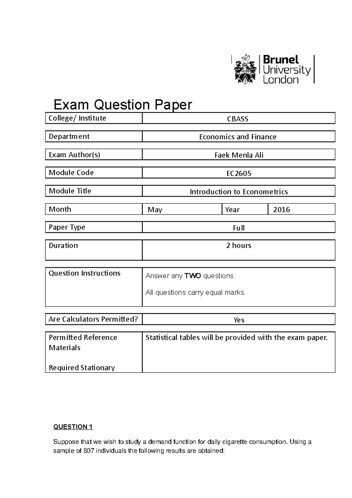EC2605 PAST PAPER - 2016 - Exam Question Paper College/ Institute CBASS ...