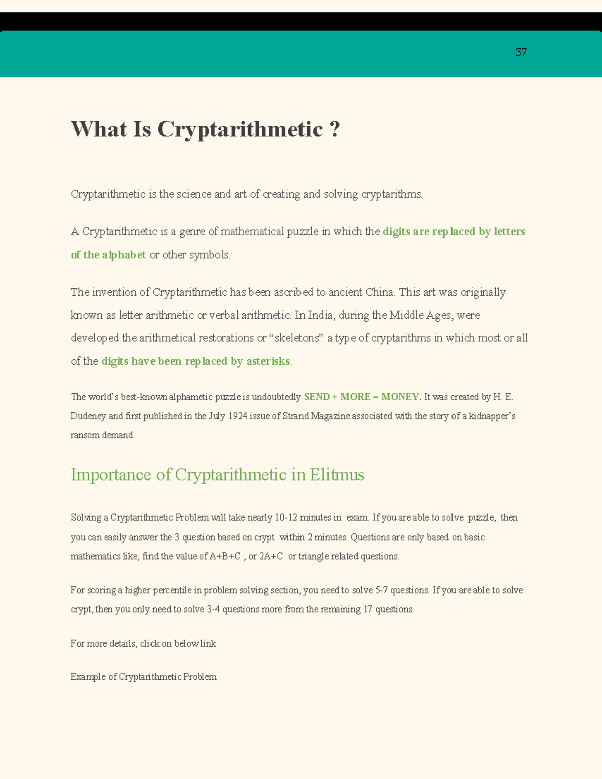 Cryptarithmetic - Practice material for elitmus - What Is Cryptarithmetic? Cryptarithmetic is ...