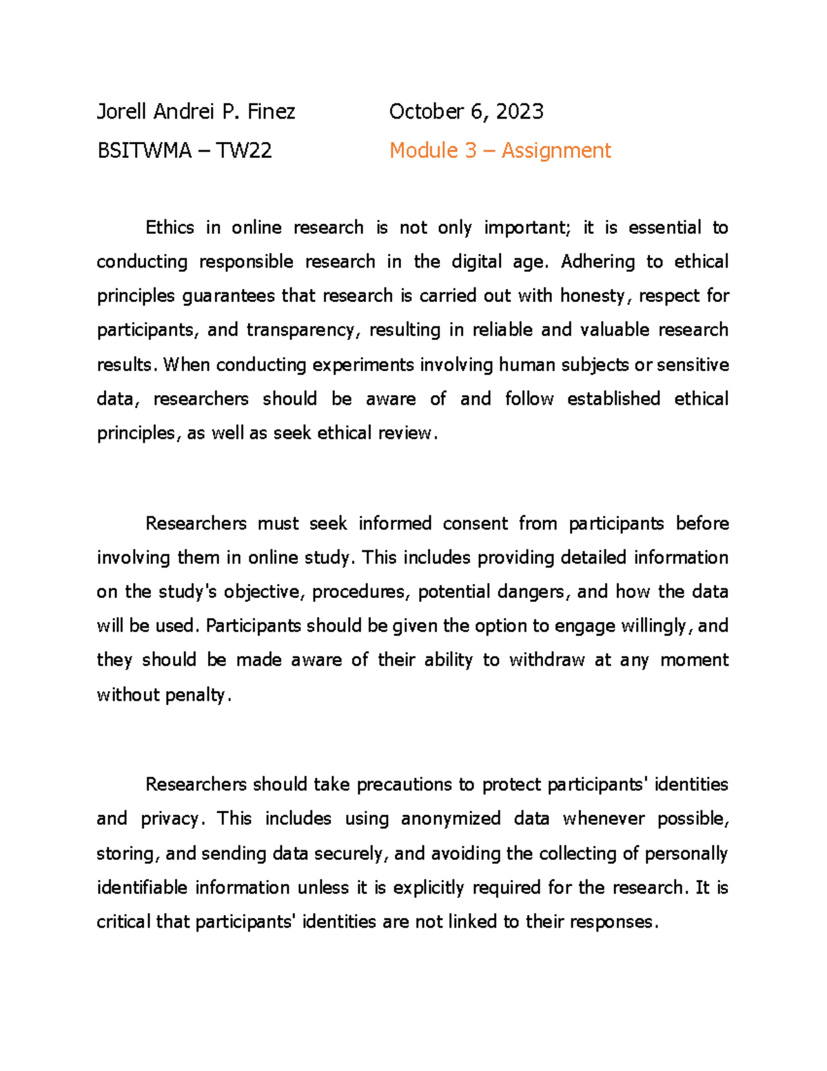 Module 3 - Assignment - asfasd - Jorell Andrei P. Finez October 6, 2023 ...